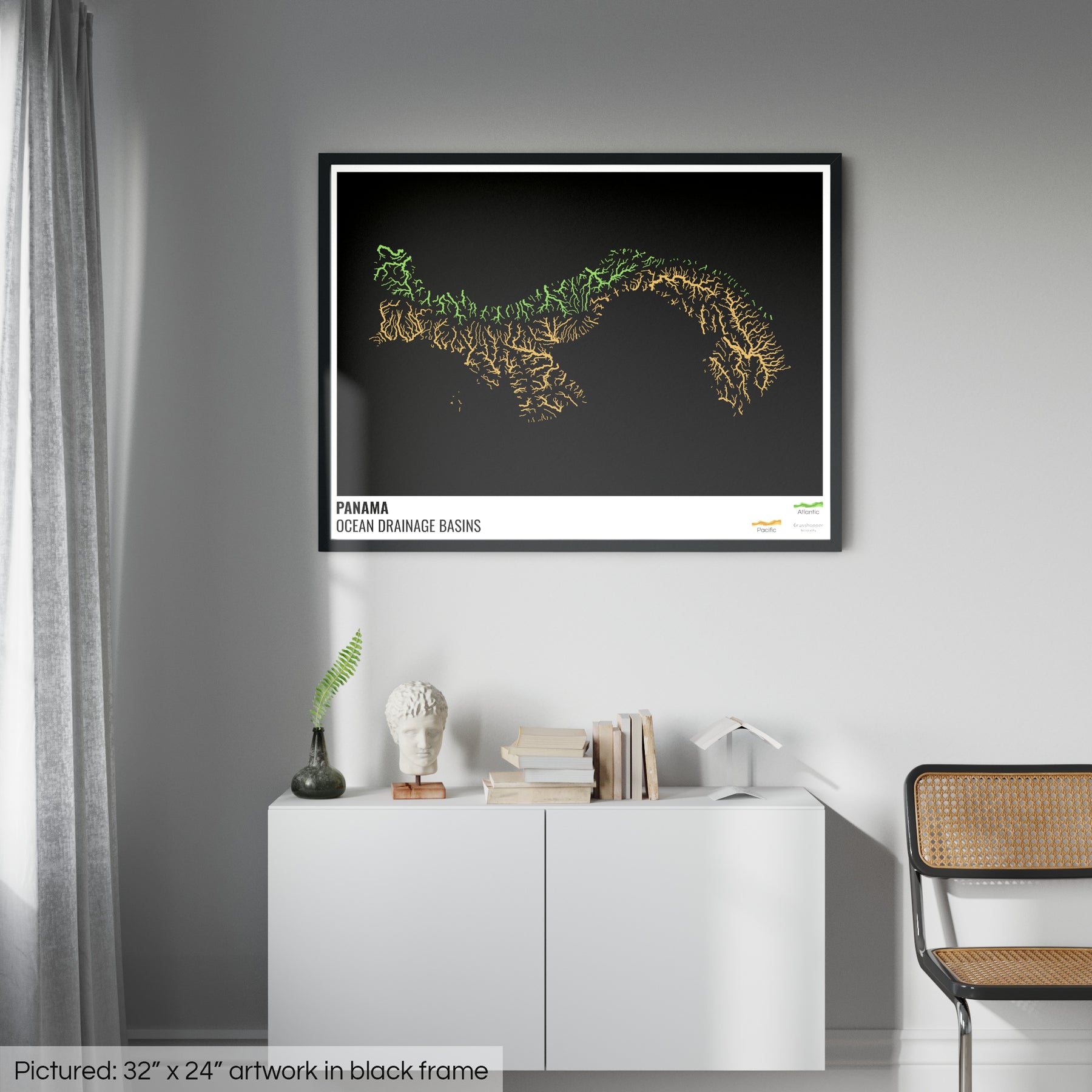 Panama - Ocean drainage basin map, black with legend v1 - Framed Print ...