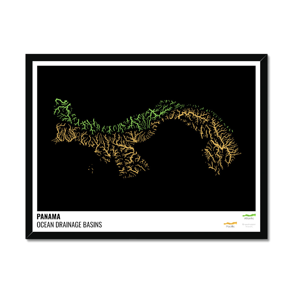 Panama - Ocean drainage basin map, black with legend v1 - Framed Print ...