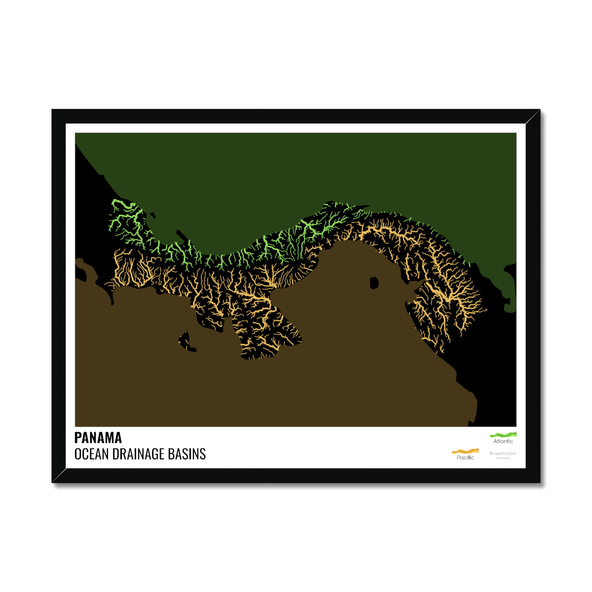 Panama - Ocean drainage basin map, black with legend v2 - Framed Print ...
