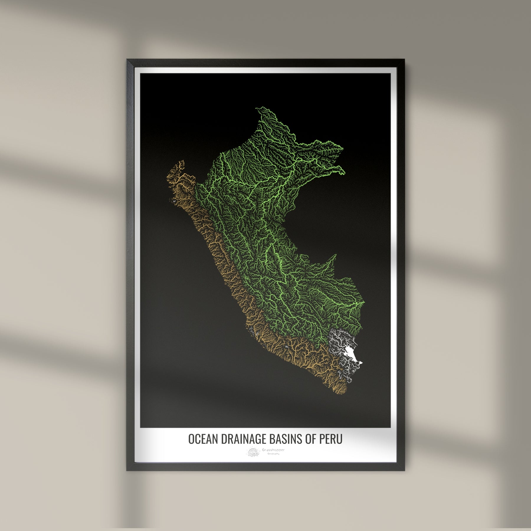 Peru Ocean Drainage Basin Map Black V1 Fine Art Print