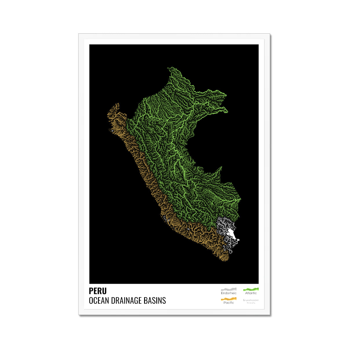 Peru - Ocean drainage basin map, black with legend v1 - Framed Print ...