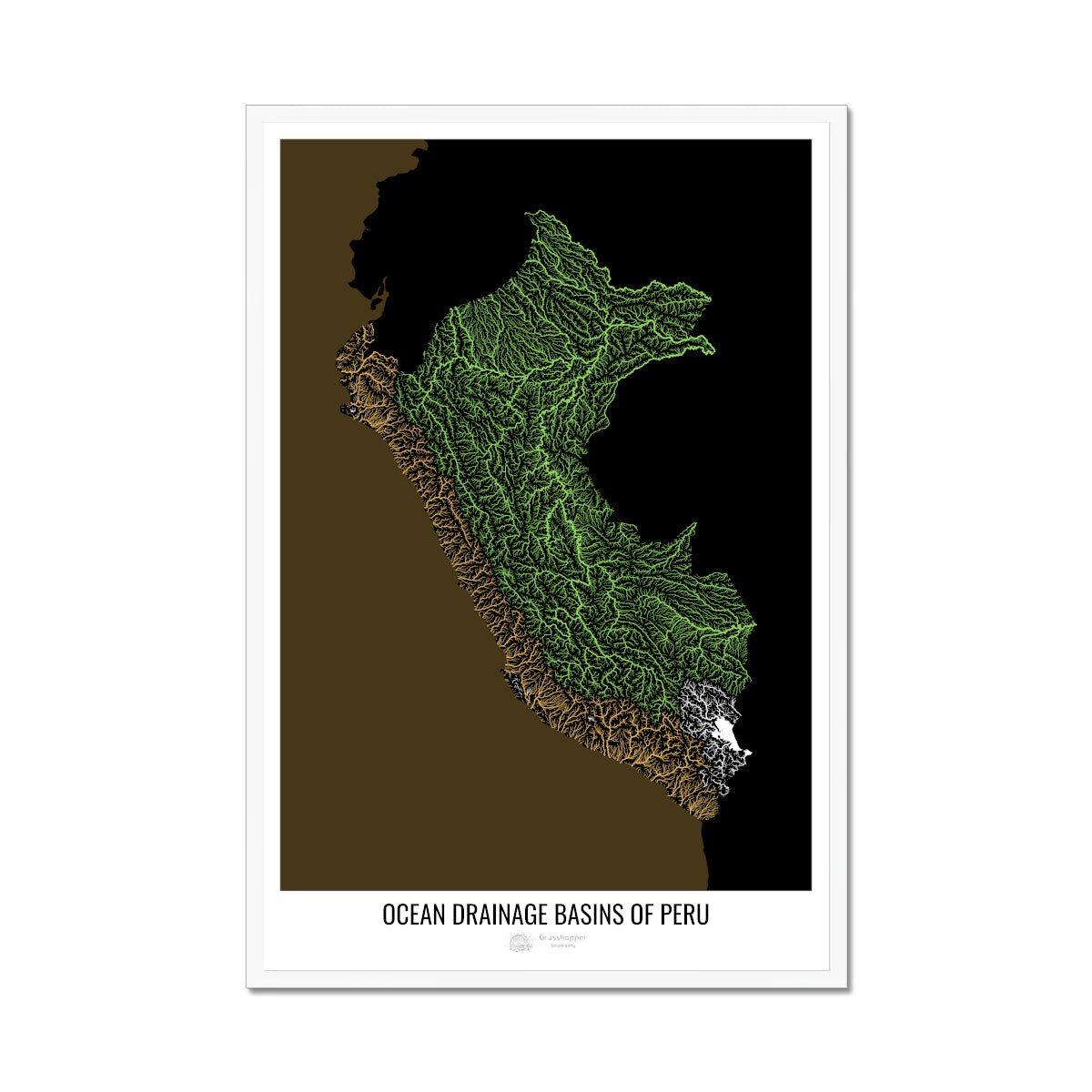 Peru Ocean Drainage Basin Map Black V2 Framed Print Grasshopper