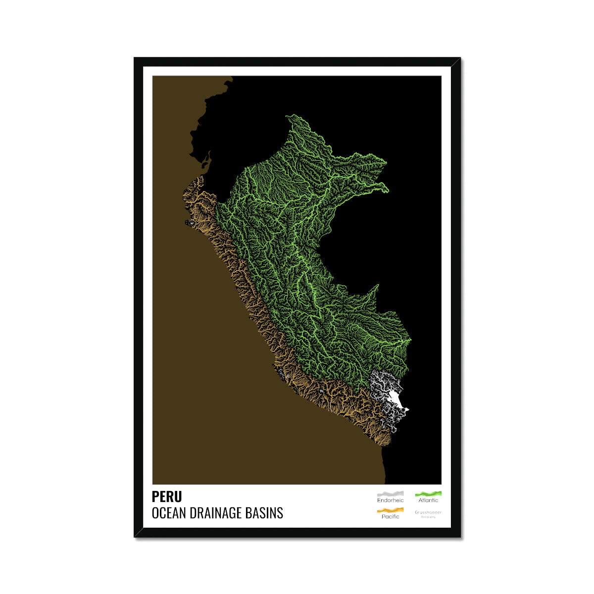 Peru - Ocean drainage basin map, black with legend v2 - Framed Print ...