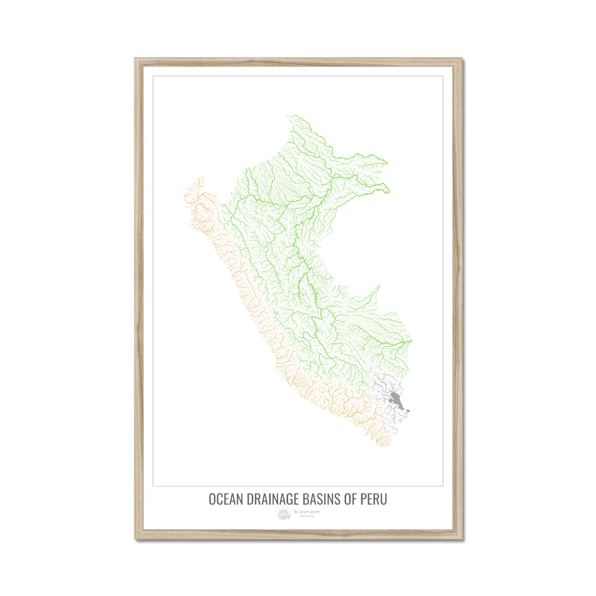 Peru - Ocean drainage basin map, white v1 - Framed Print – Grasshopper ...