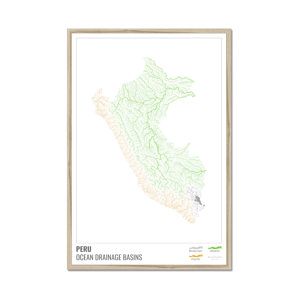 Peru Ocean Drainage Basin Map White With Legend V1 Framed Print