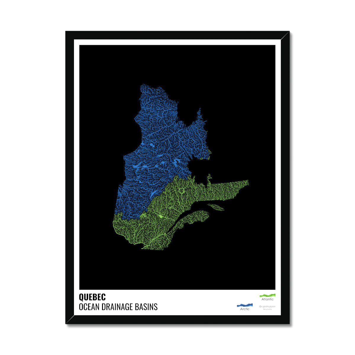 Quebec - Ocean drainage basin map, black with legend v1 - Framed Print ...