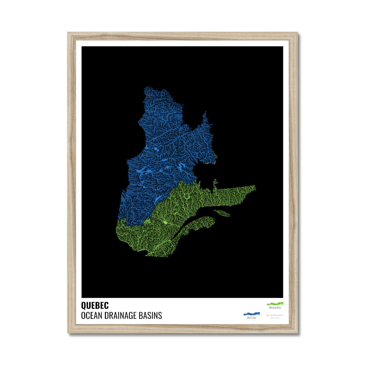 Quebec - Ocean drainage basin map, black with legend v1 - Framed Print ...