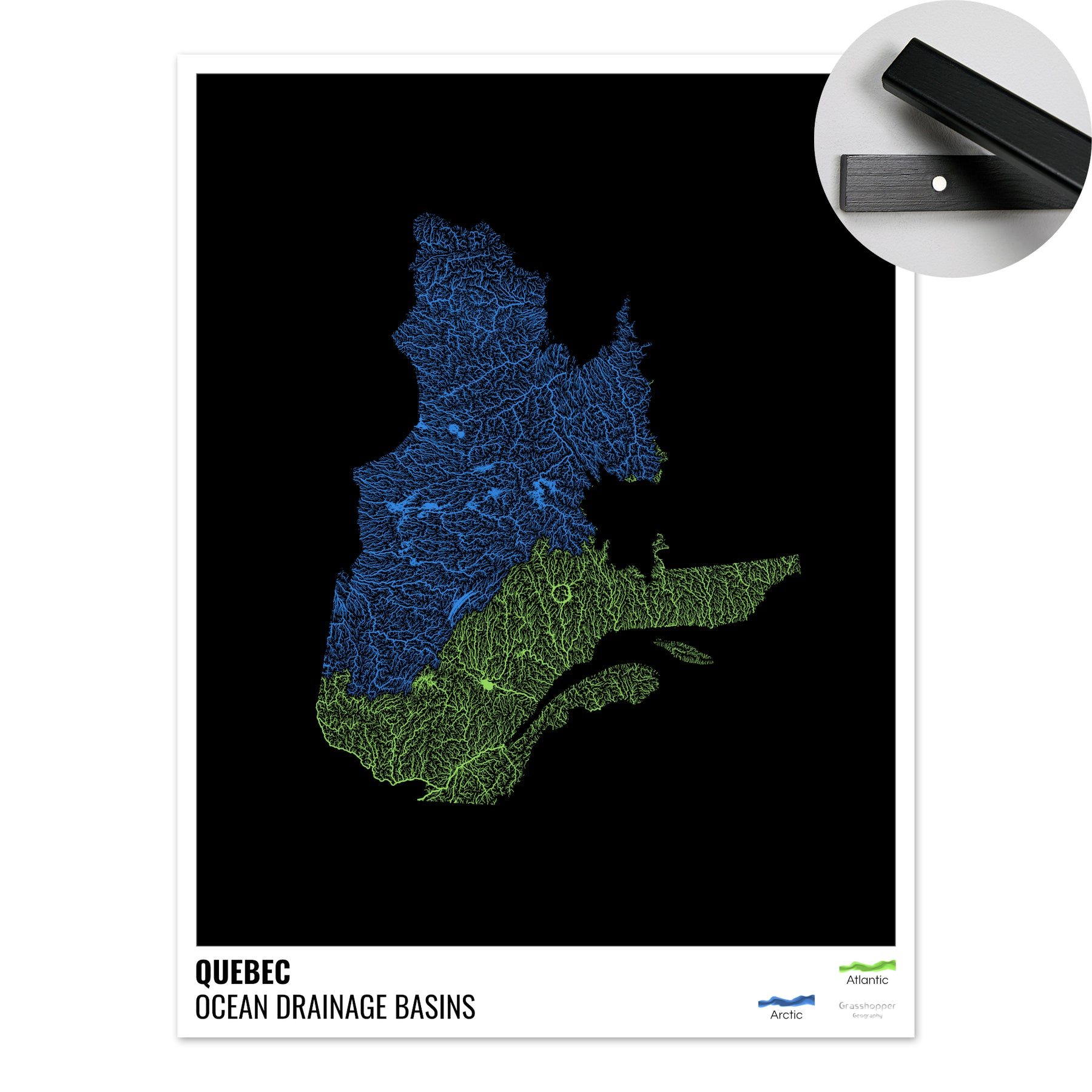 Quebec – Karte des Meereseinzugsgebiets, schwarz mit Legende v1 – Kuns ...