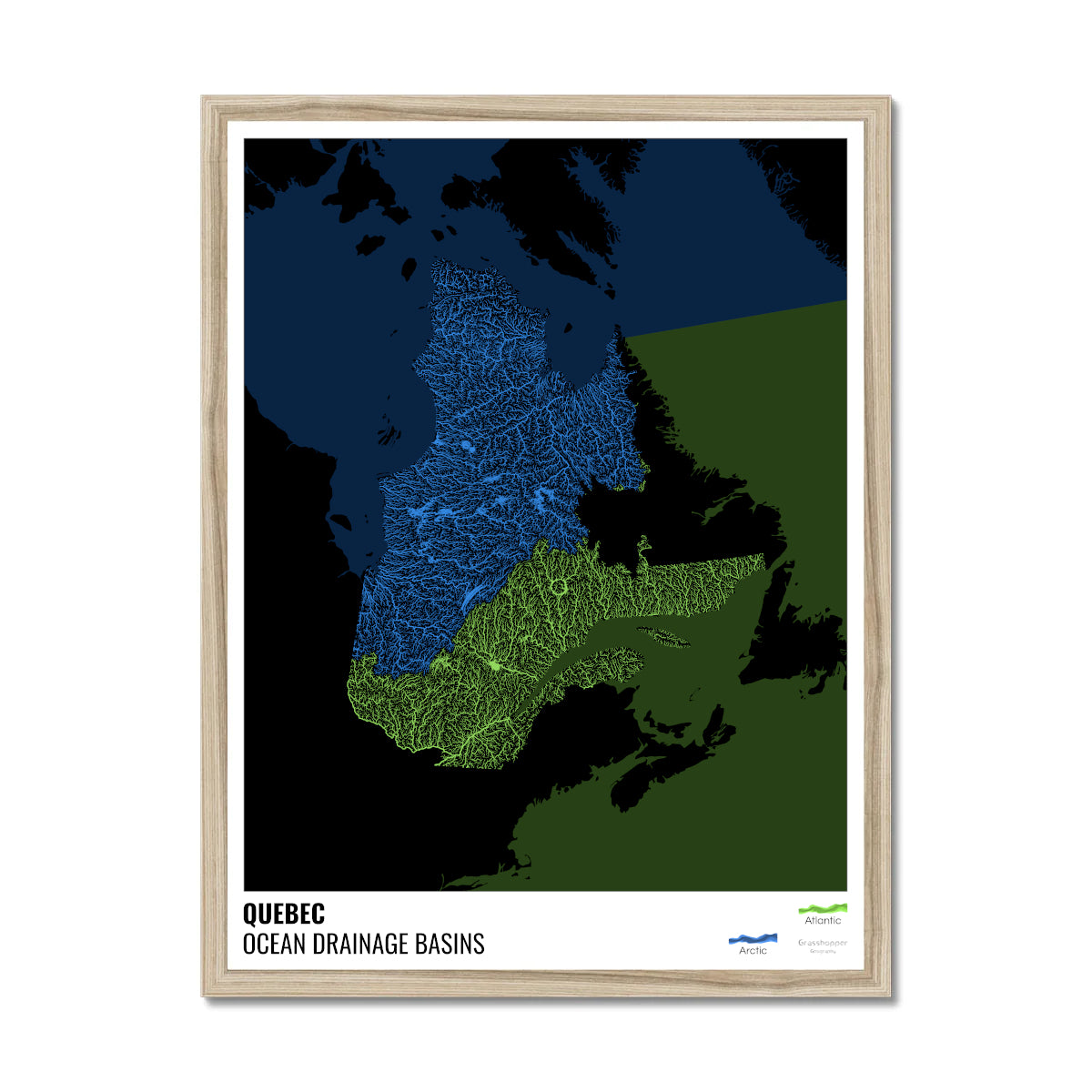 Quebec - Ocean drainage basin map, black with legend v2 - Framed Print ...