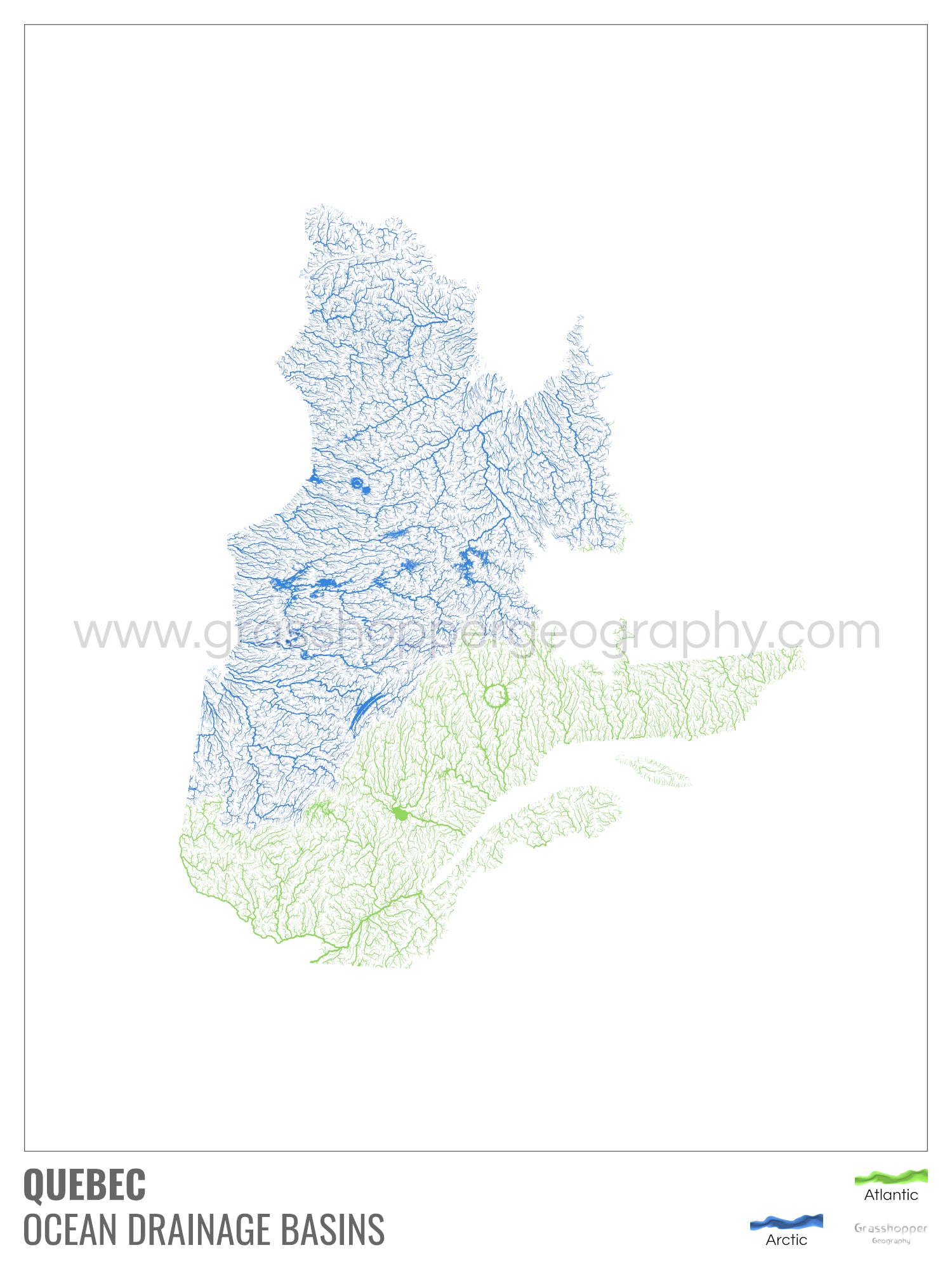 Quebec - Ocean drainage basin map, white with legend v1 - Fine Art Pri ...