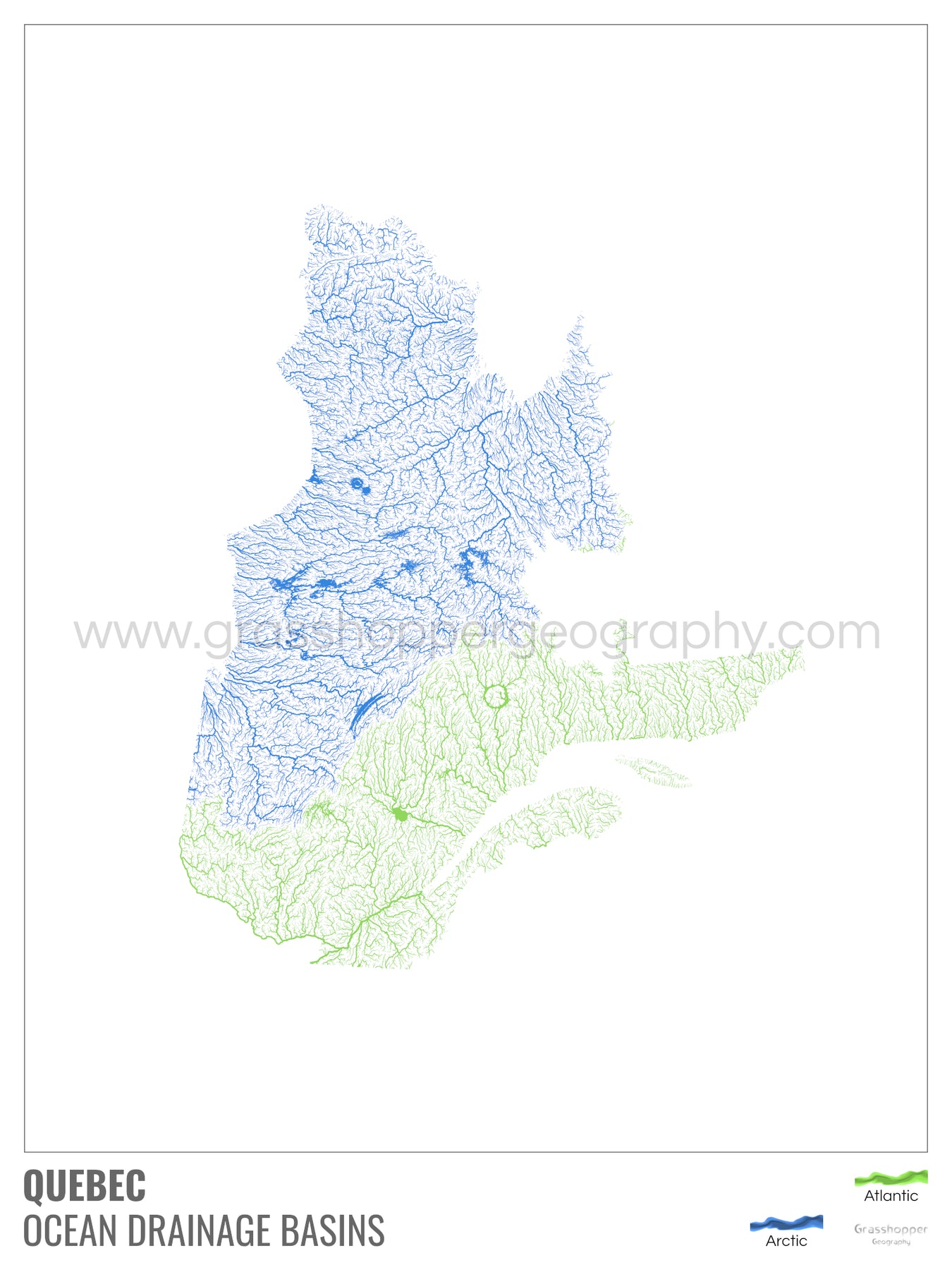 Quebec - Ocean drainage basin map, white with legend v1 - Fine Art Pri ...