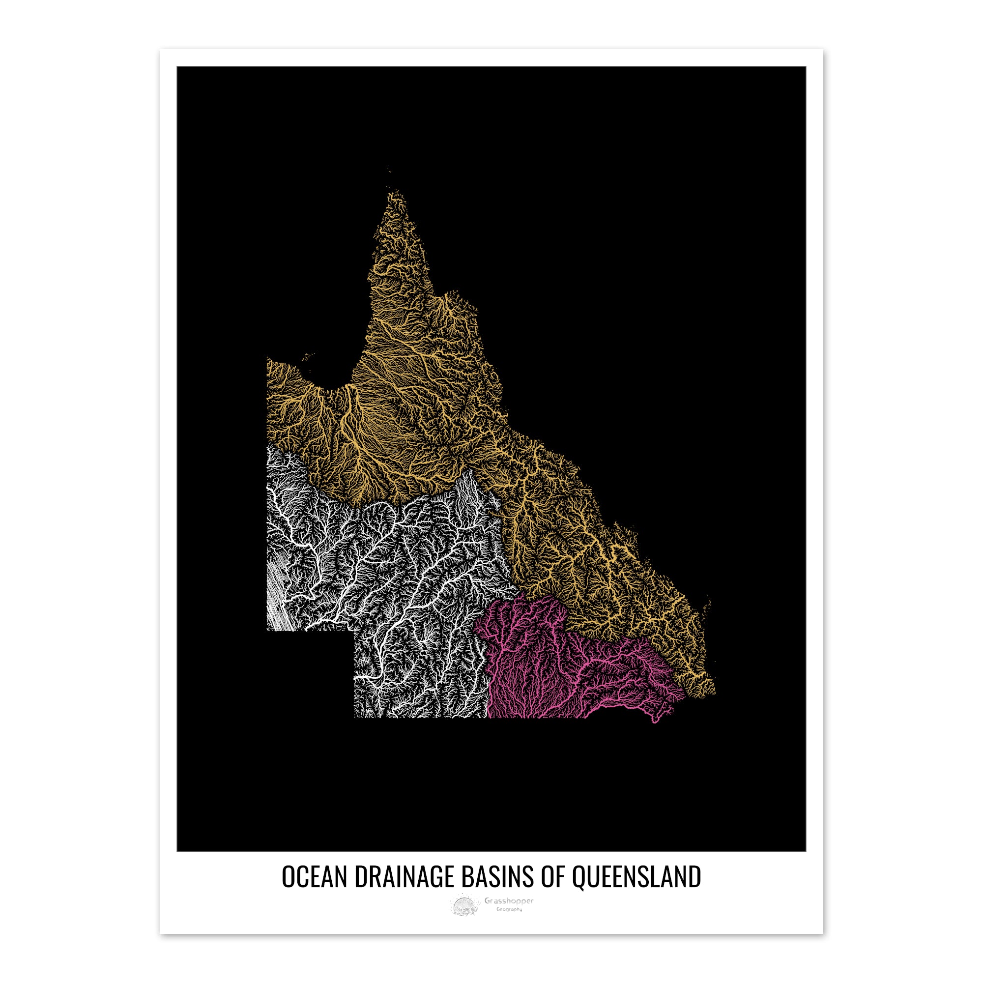 Queensland - Ocean drainage basin map, black v1 - Fine Art Print ...