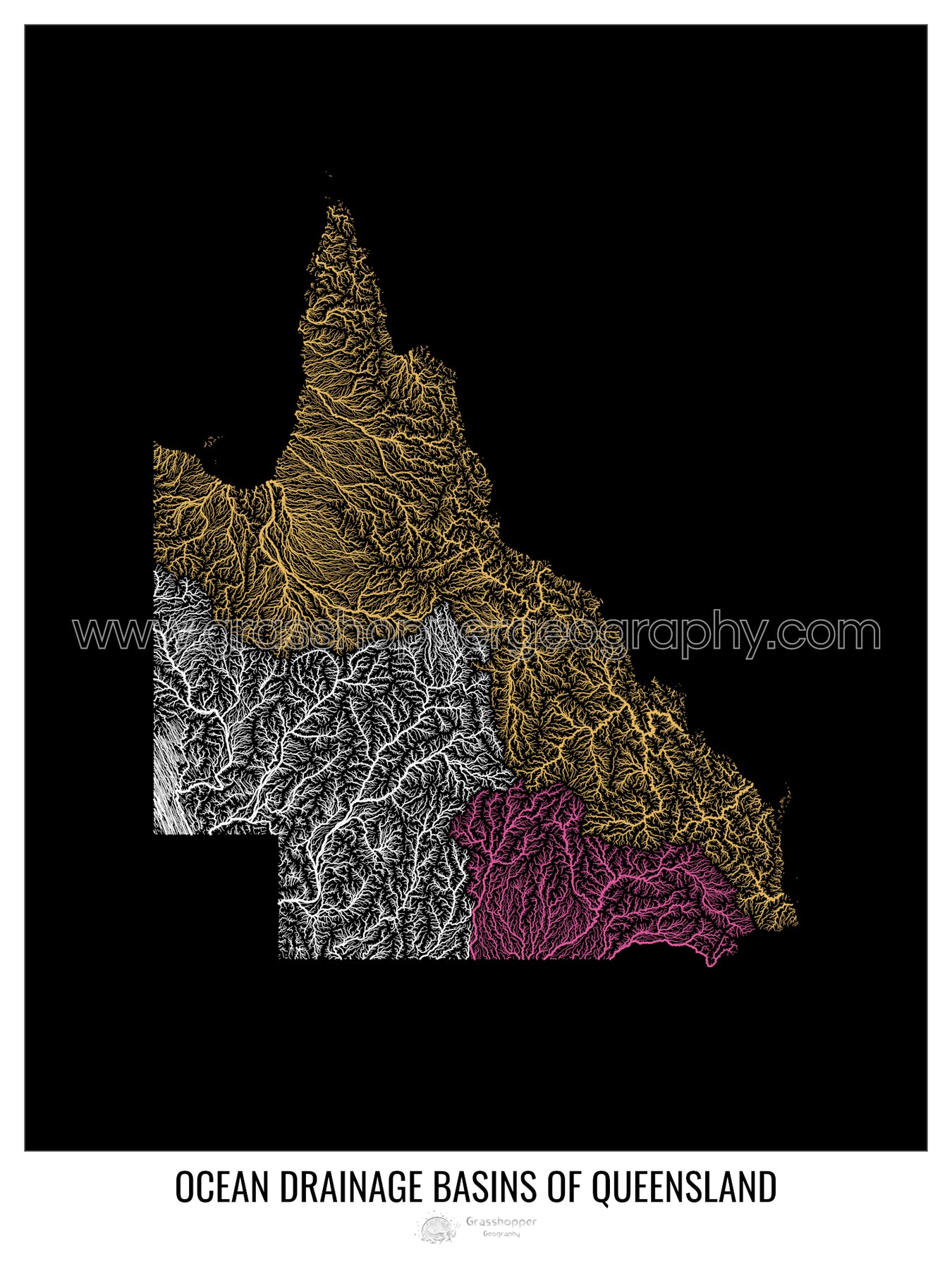 Queensland Ocean Drainage Basin Map Black V1 Fine Art Print