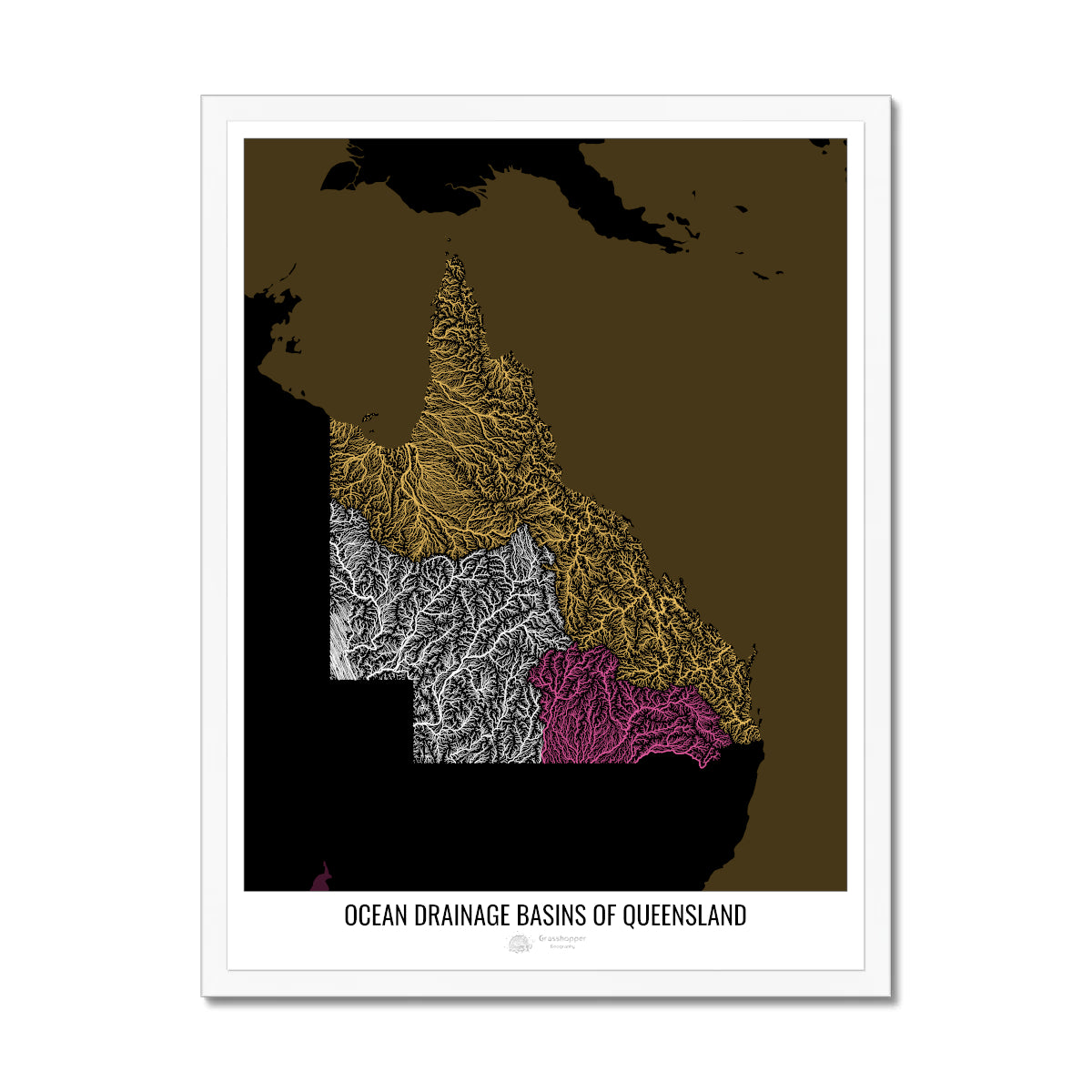 Queensland Ocean Drainage Basin Map Black V2 Framed Print
