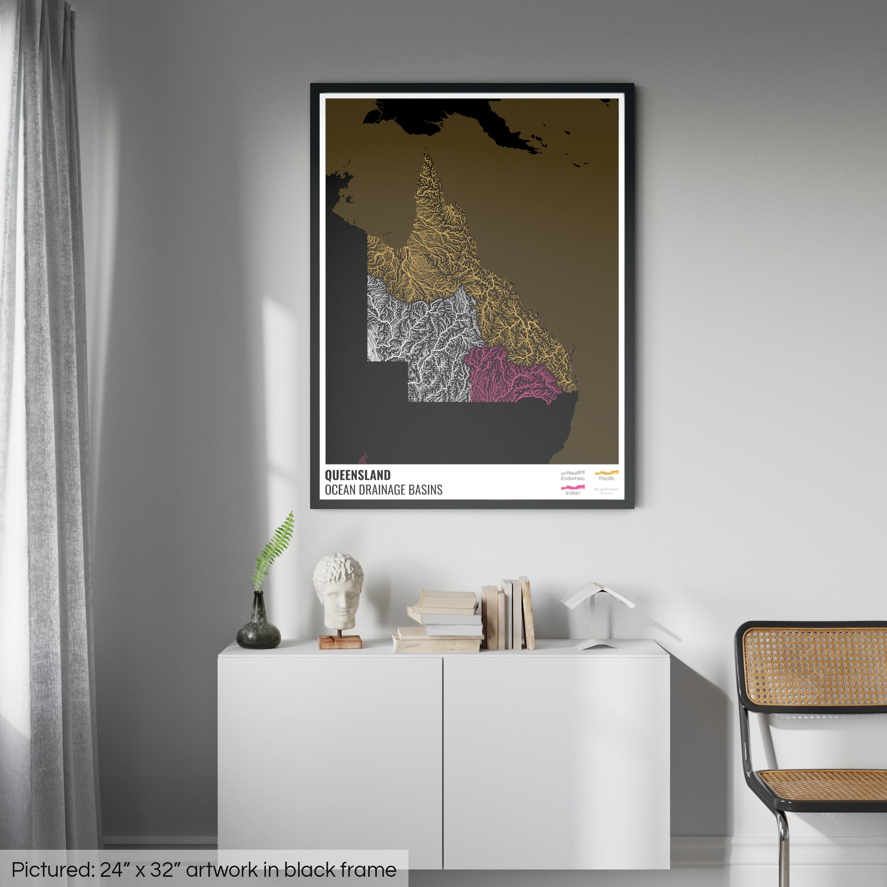 Queensland Ocean Drainage Basin Map Black With Legend V2 Framed P