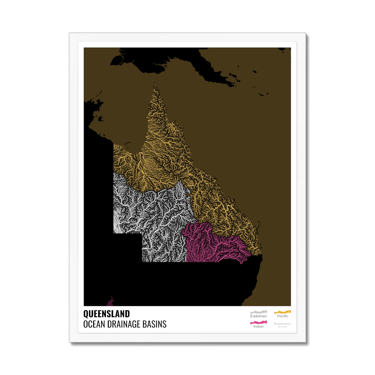 Queensland - Ocean drainage basin map, black with legend v2 - Framed P ...