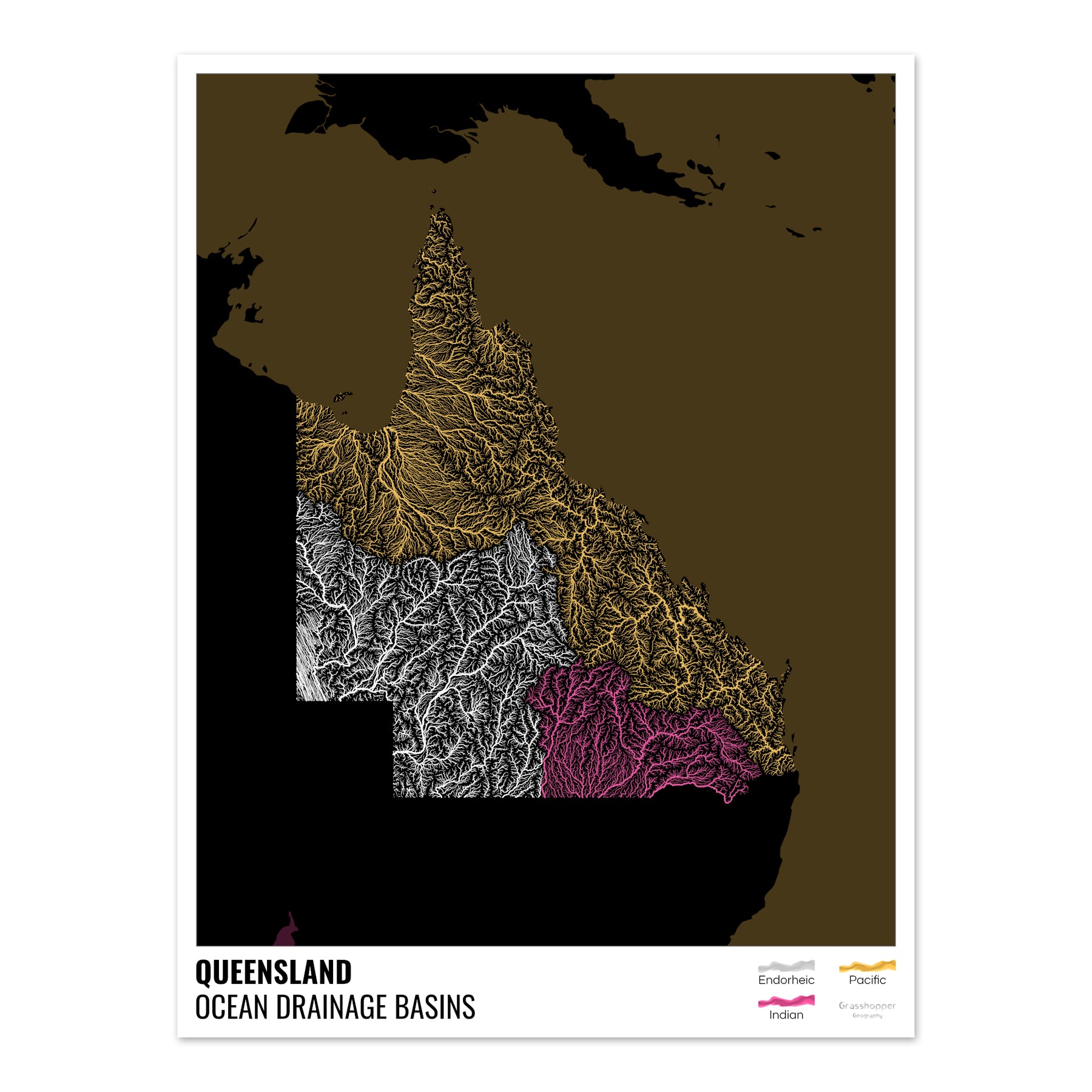 Queensland Ocean Drainage Basin Map Black With Legend V2 Fine Art