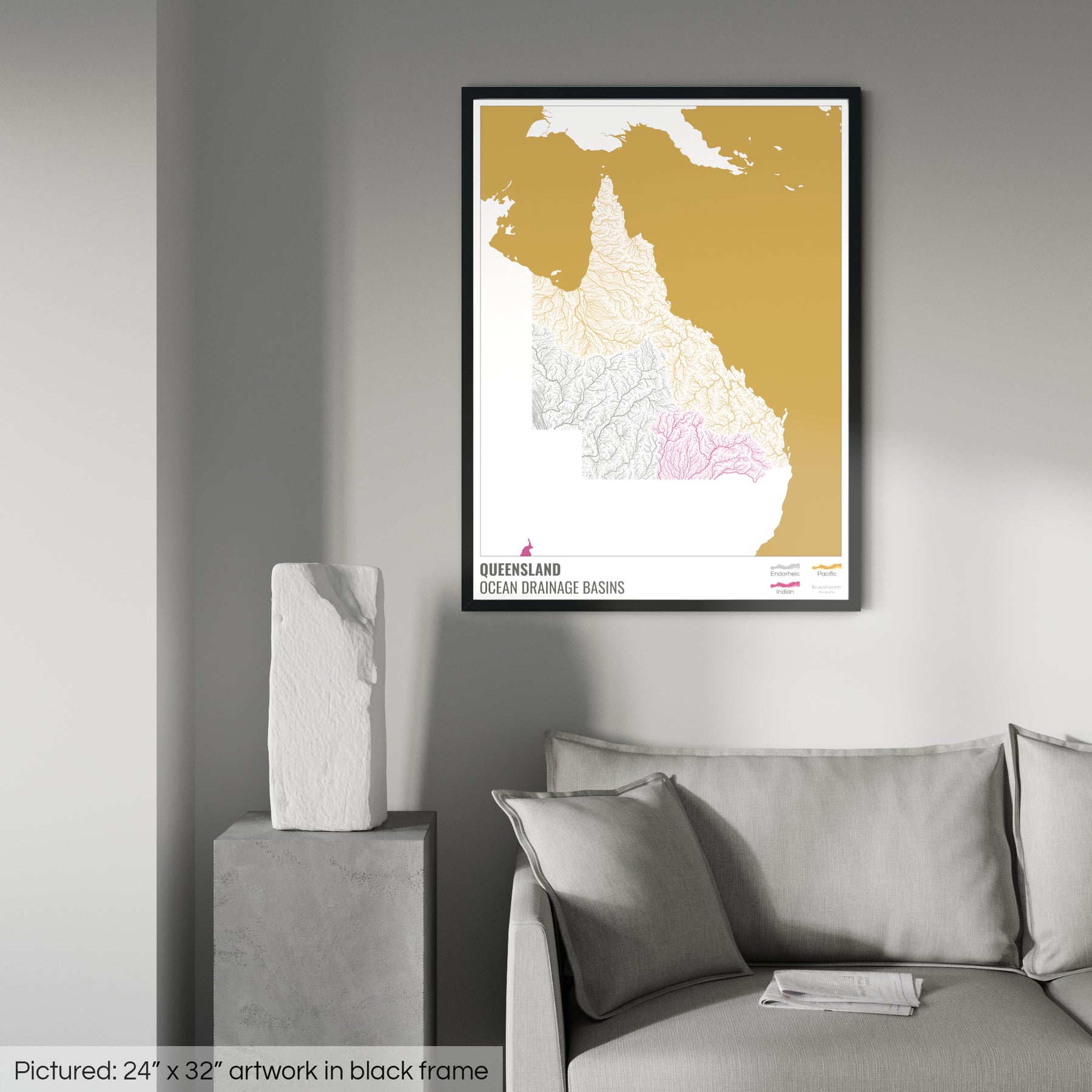 Queensland Ocean Drainage Basin Map White With Legend V2 Framed P