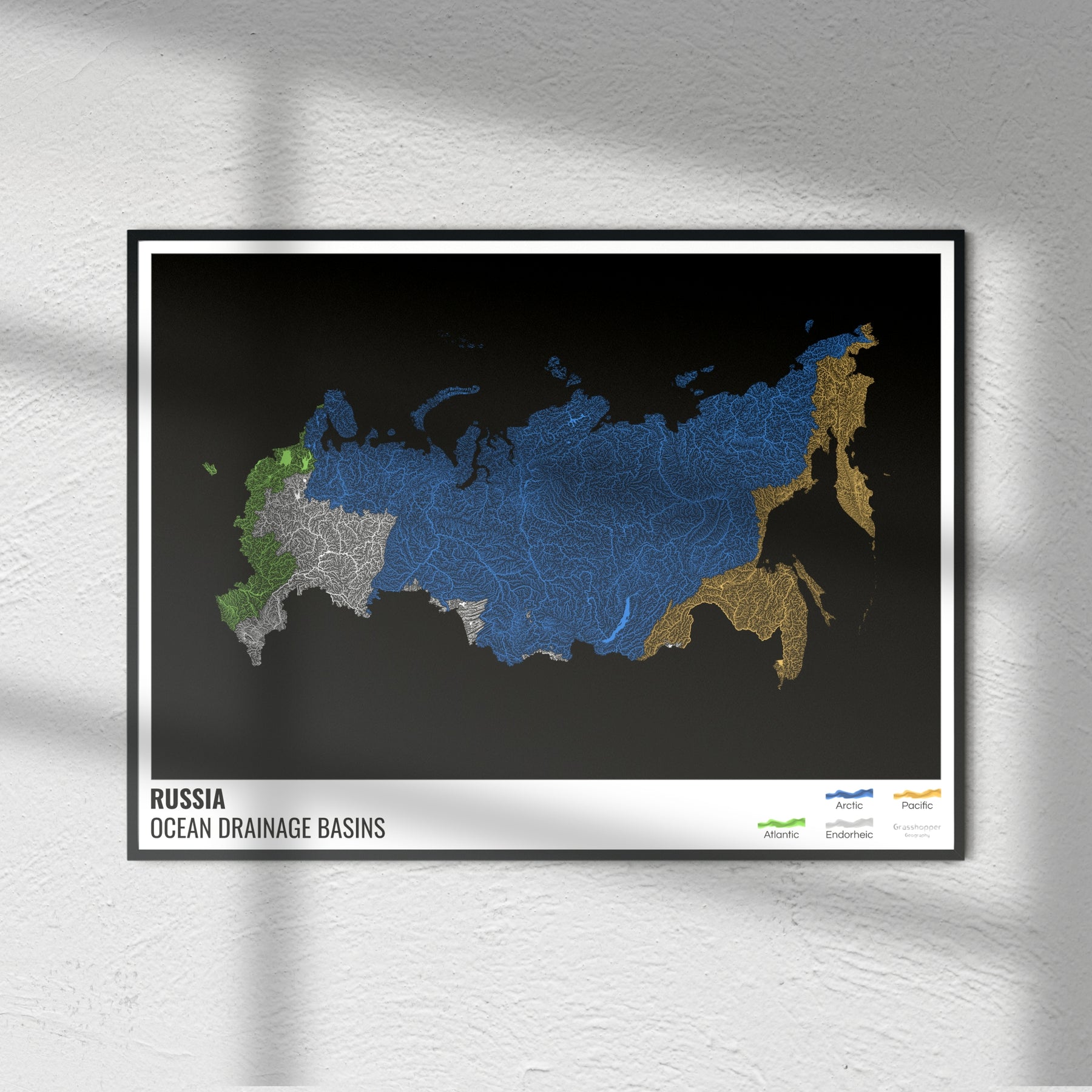 Russia - Ocean drainage basin map, black with legend v1 - Photo Art Pr ...