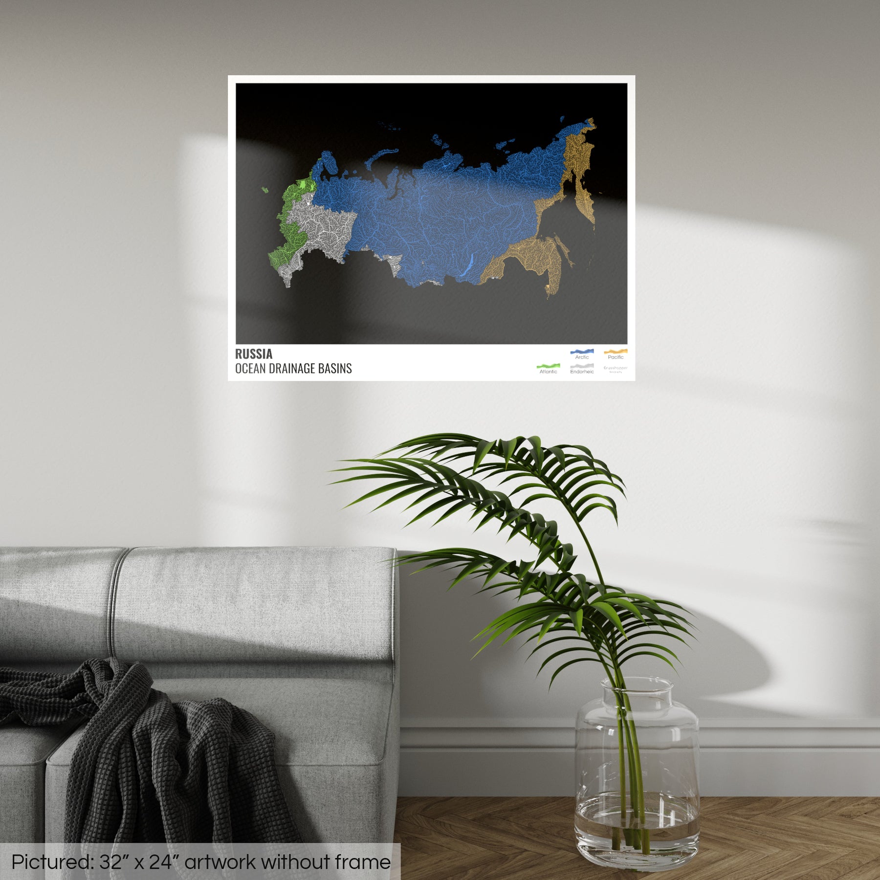 Russia Ocean Drainage Basin Map Black With Legend V1 Fine Art Pri