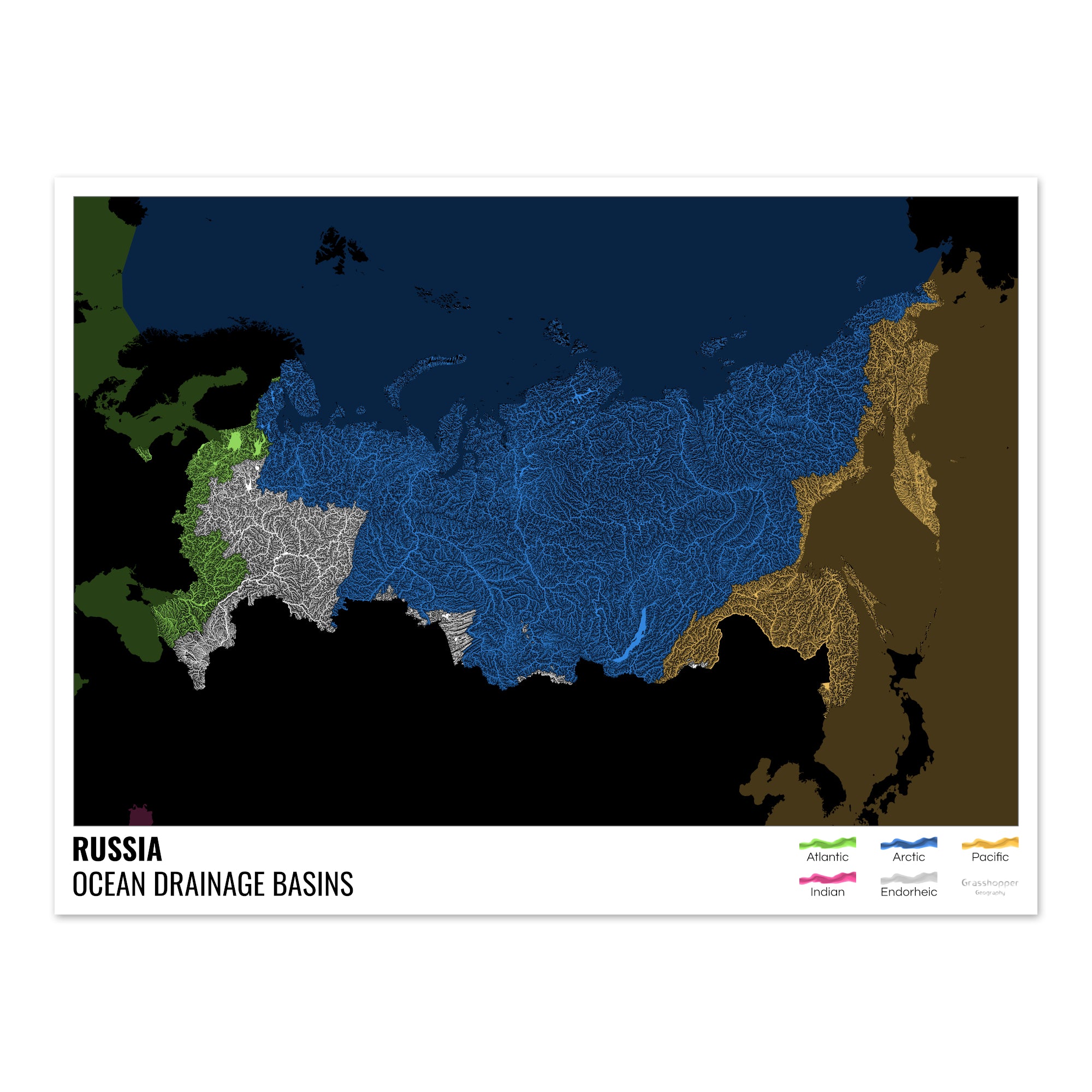 ロシア - 海洋排水流域地図、黒、凡例付き v2 - 写真アートプリント – Grasshopper Geography