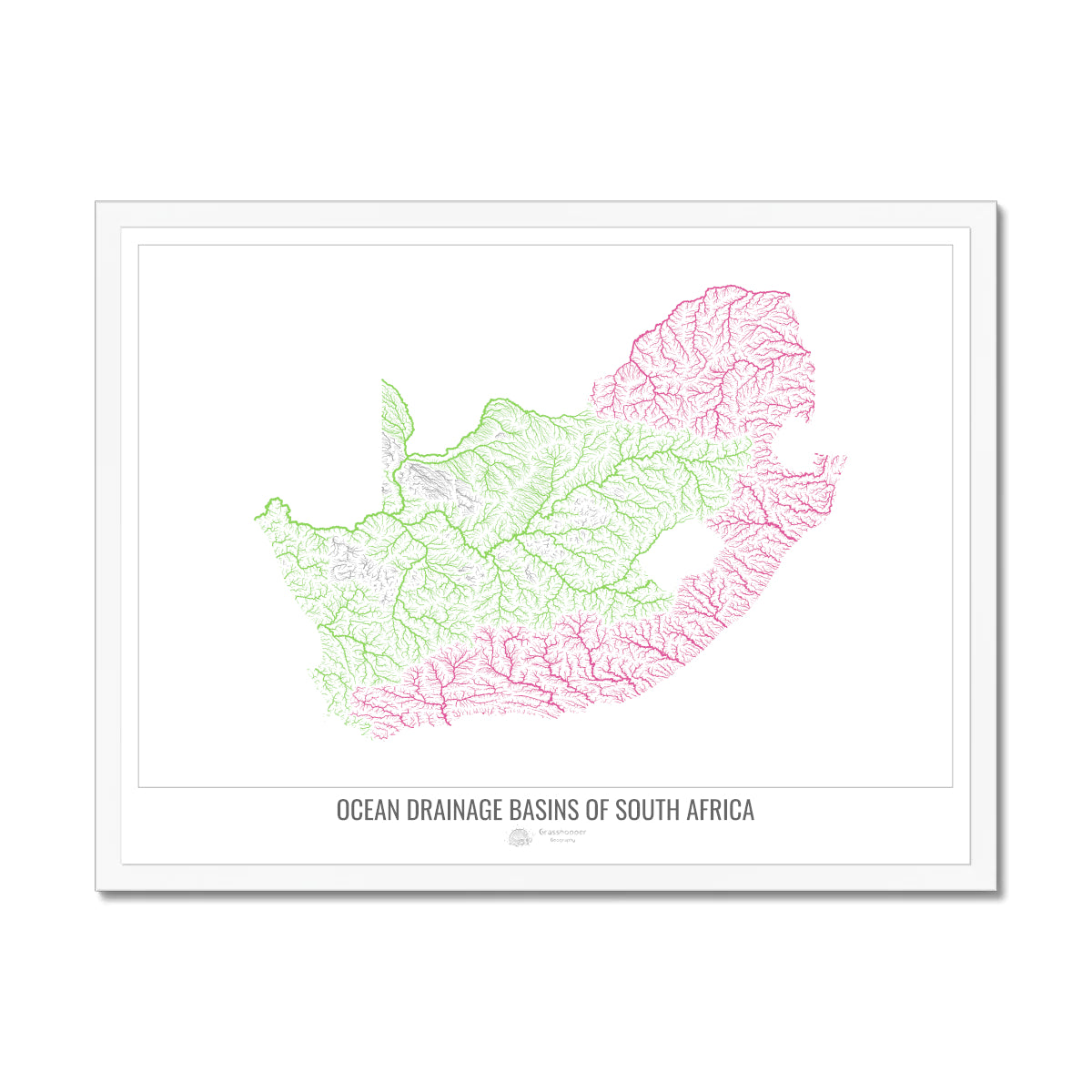 South Africa Ocean Drainage Basin Map White V1 Framed Print