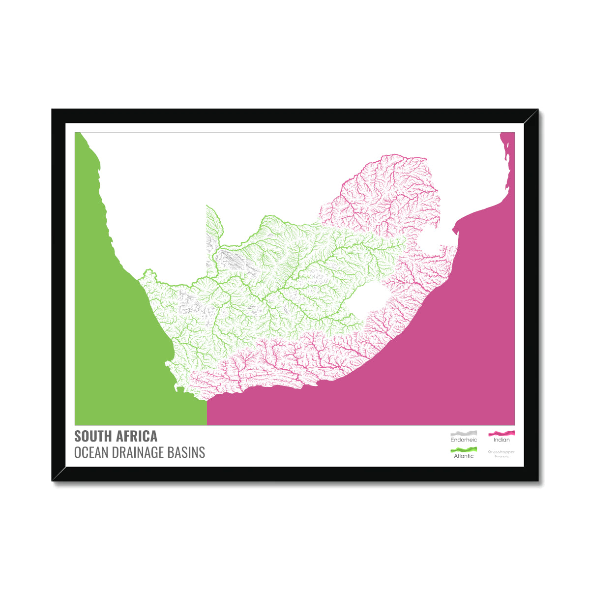 South Africa Ocean Drainage Basin Map White With Legend V2 Framed