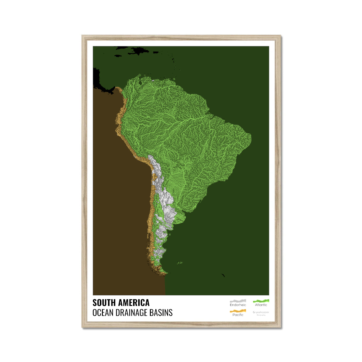 South America - Ocean drainage basin map, black with legend v2 - Frame ...