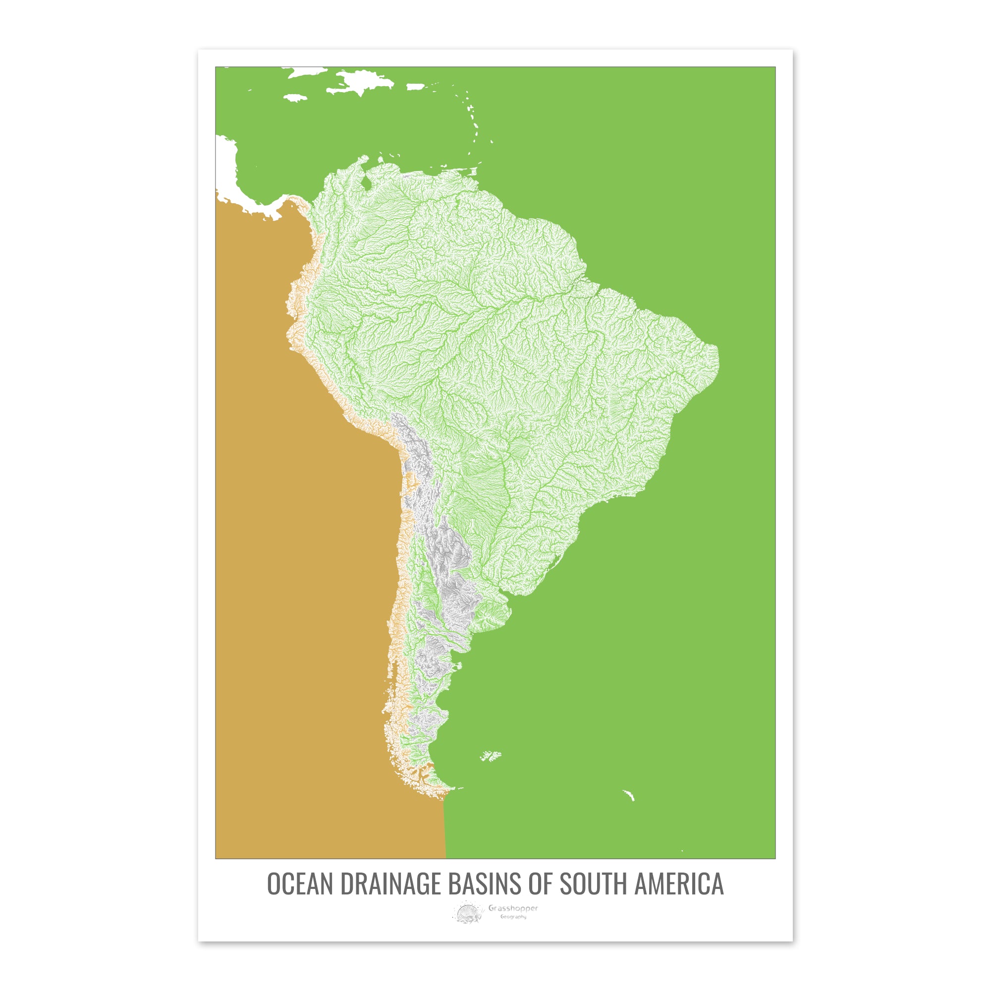 South America - Ocean drainage basin map, white v2 - Fine Art Print ...