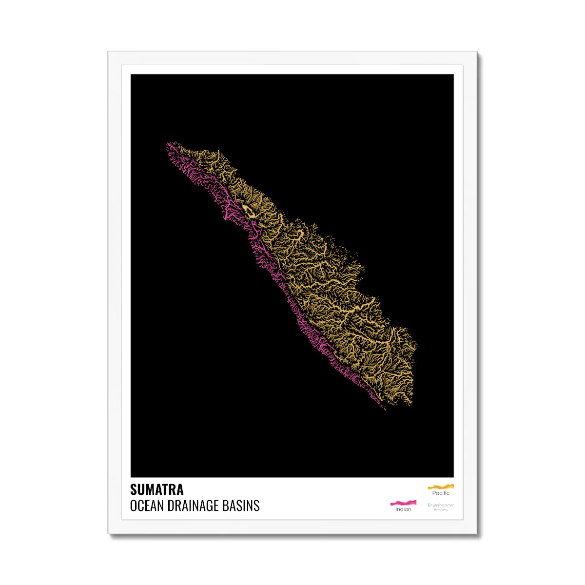 Sumatra - Ocean drainage basin map, black with legend v1 - Framed Prin ...