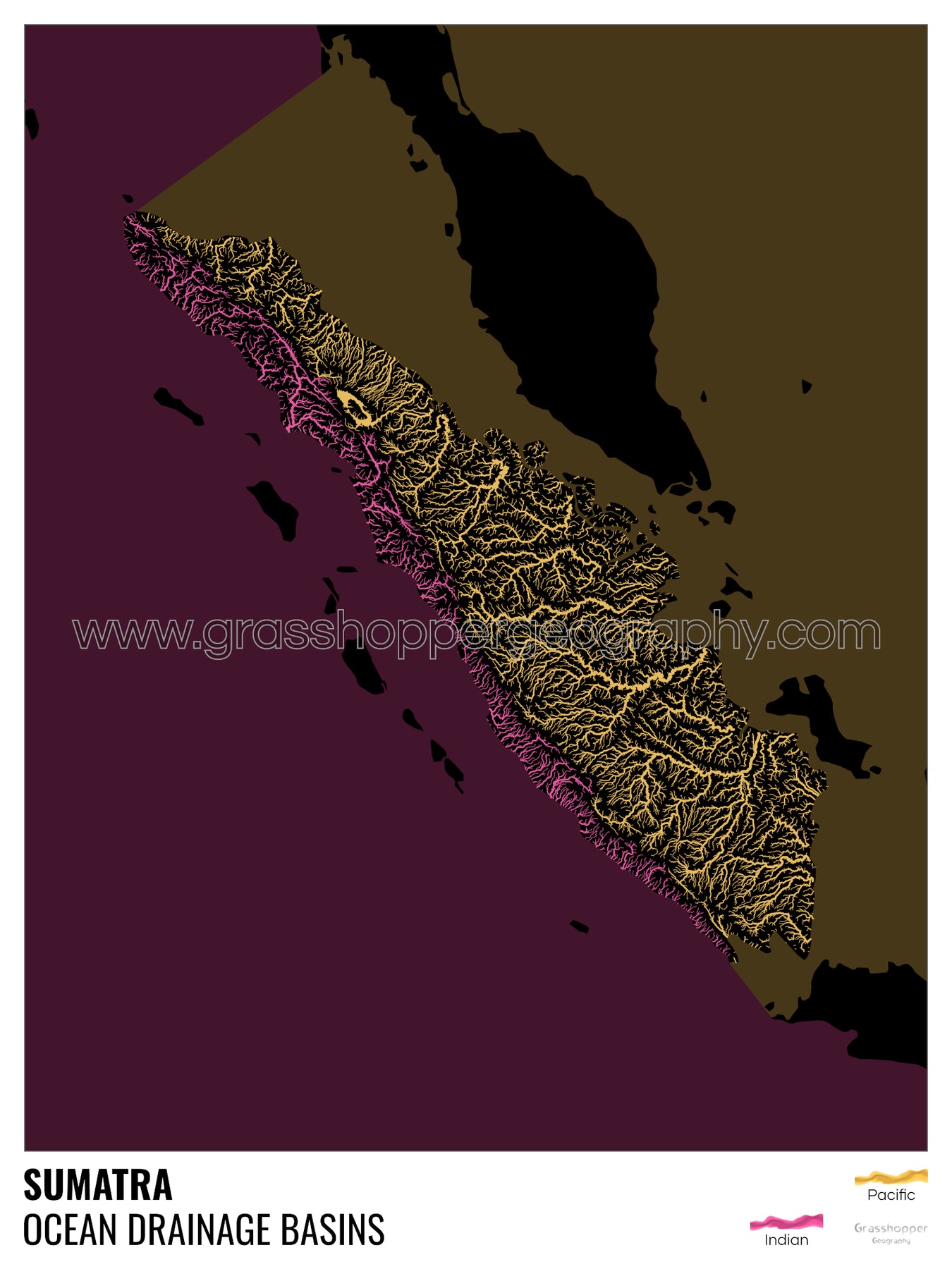 Sumatra - Ocean drainage basin map, black with legend v2 - Photo Art P ...