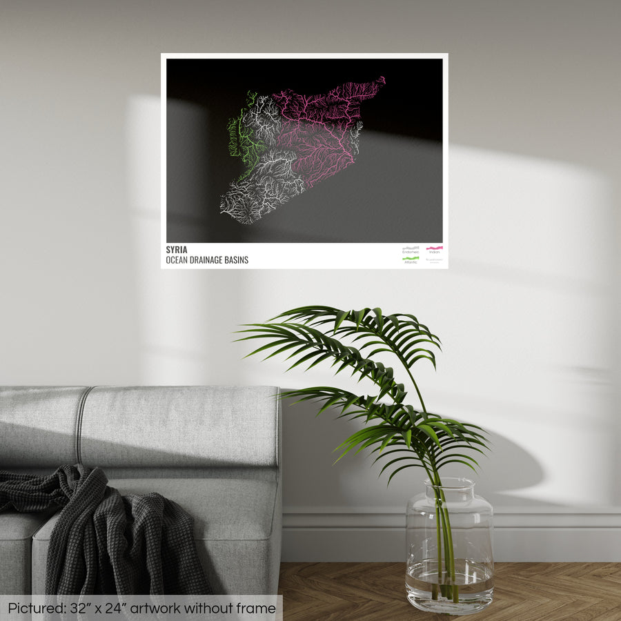 Syria - Ocean drainage basin map, black with legend v1 - Fine Art Prin ...