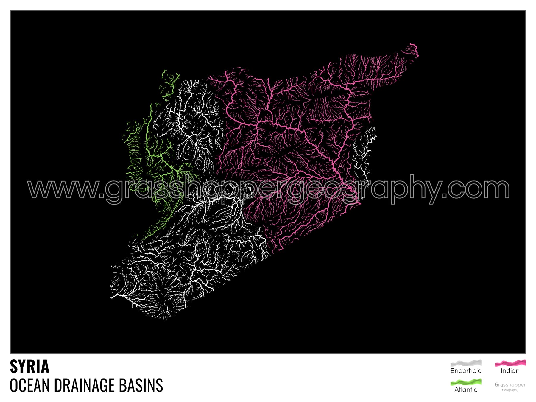 Syria Ocean Drainage Basin Map Black With Legend V1 Fine Art Prin