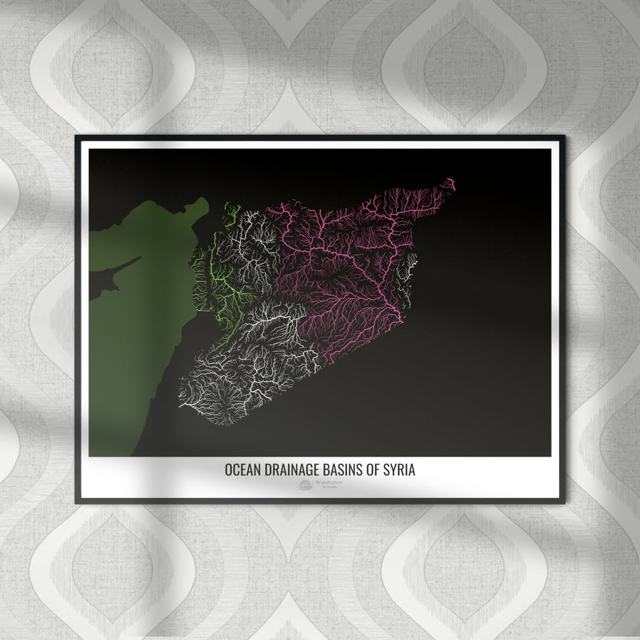 Syria Ocean Drainage Basin Map Black V2 Photo Art Print