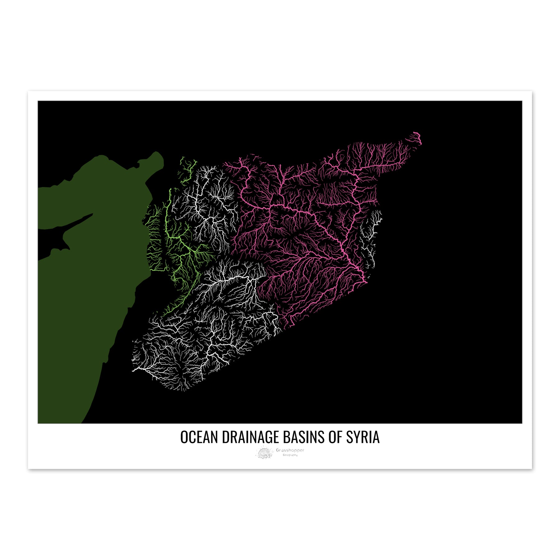 Syria Ocean Drainage Basin Map Black V2 Photo Art Print