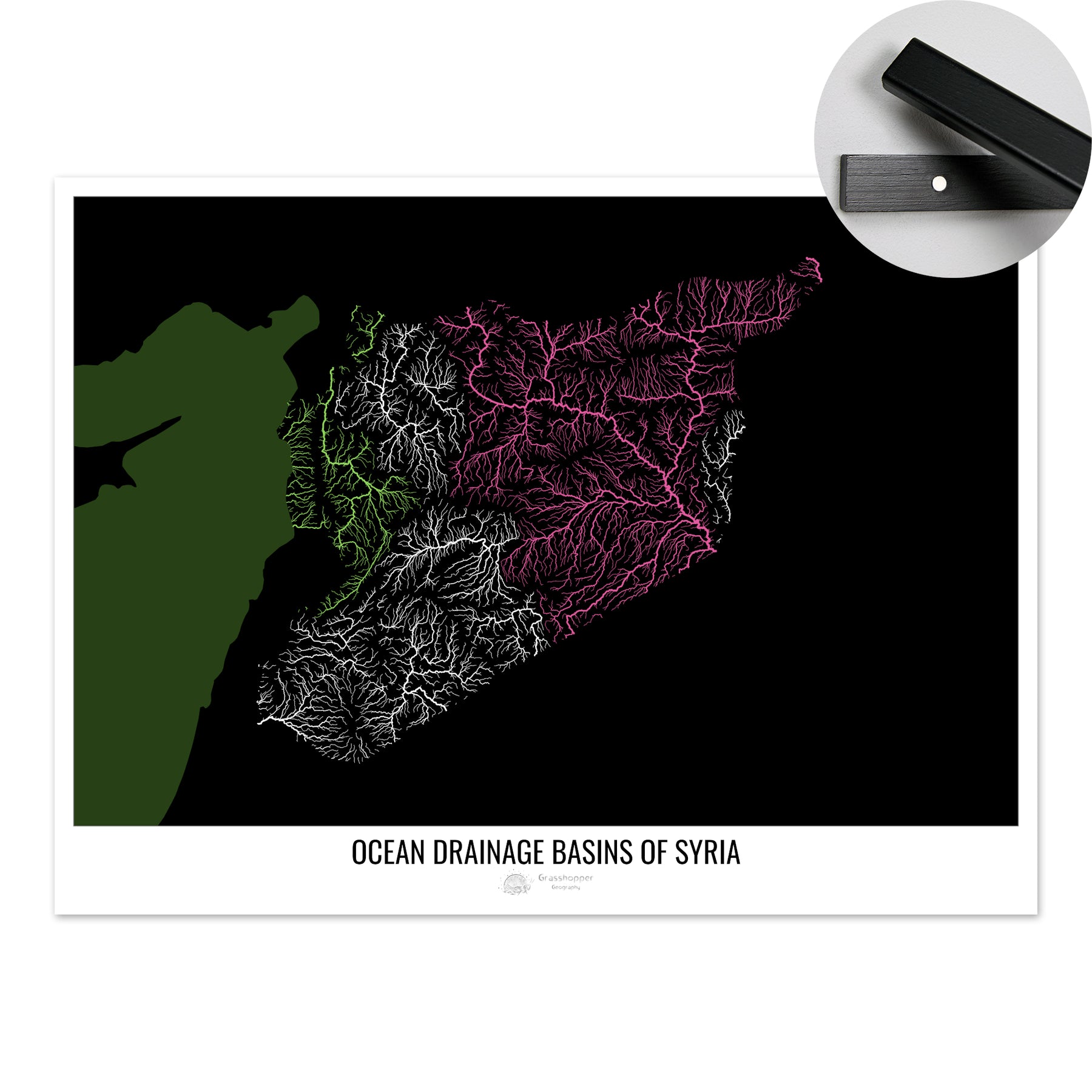 Syria Ocean Drainage Basin Map Black V2 Fine Art Print With Hange