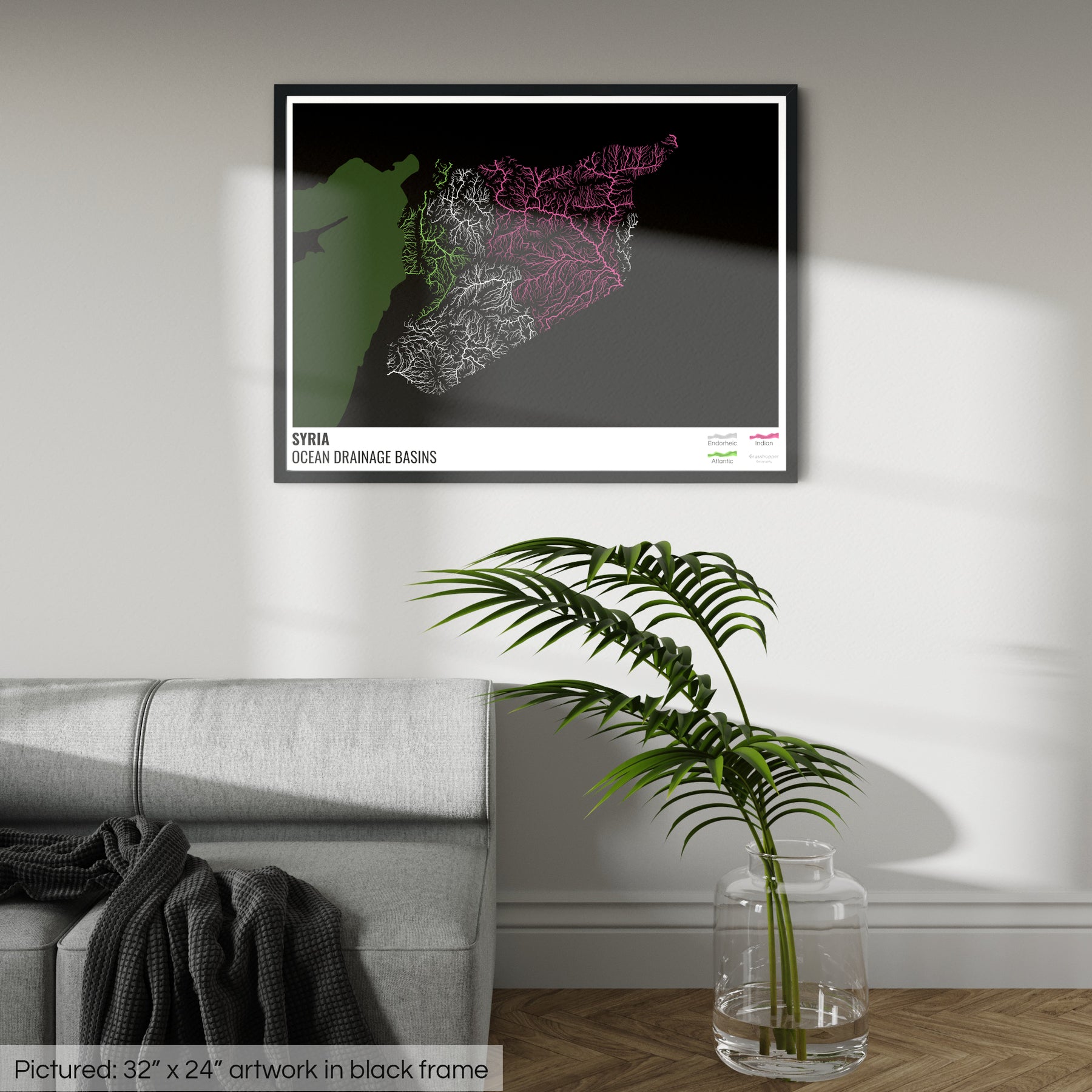 Syria - Ocean drainage basin map, black with legend v2 - Framed Print ...