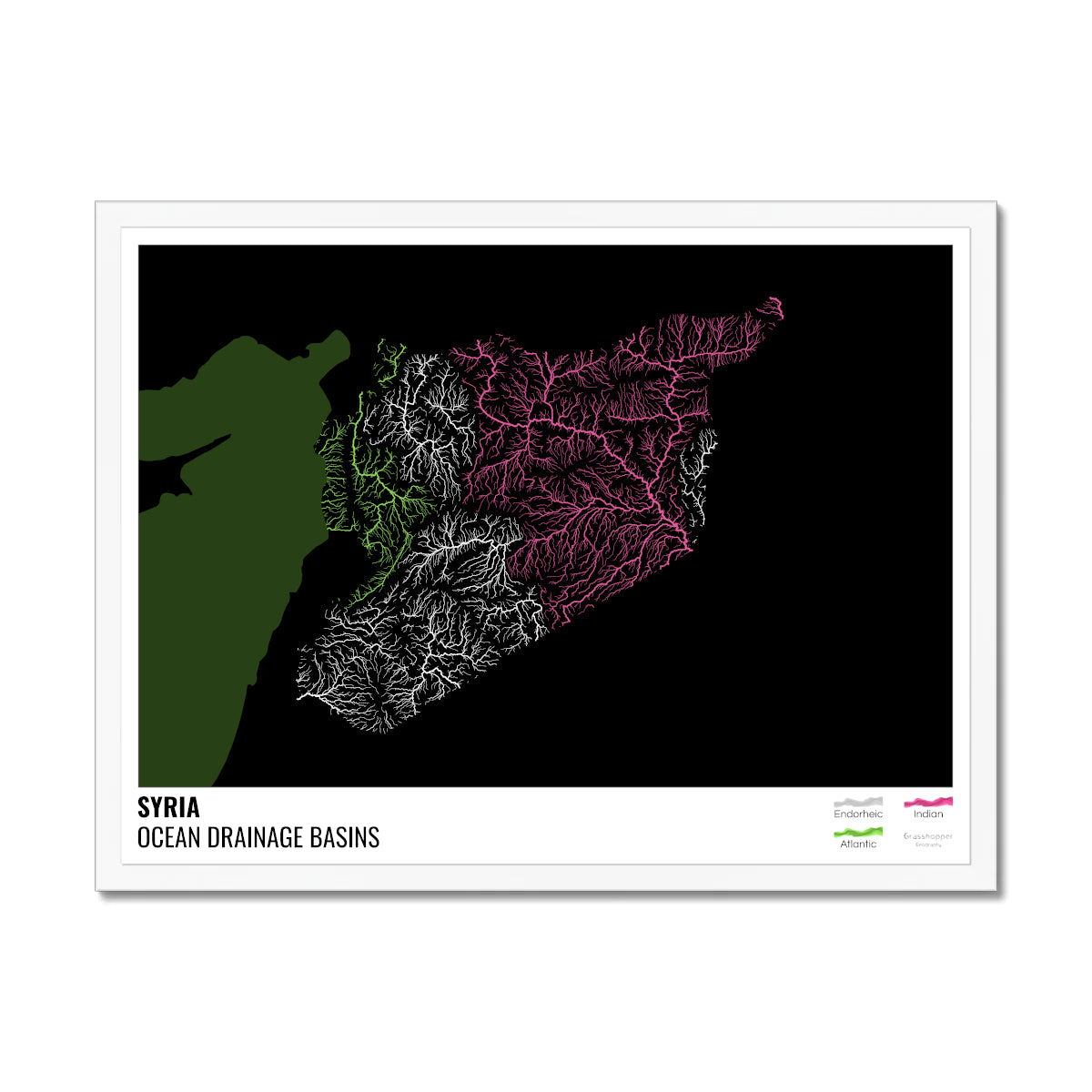 Syria - Ocean drainage basin map, black with legend v2 - Framed Print ...