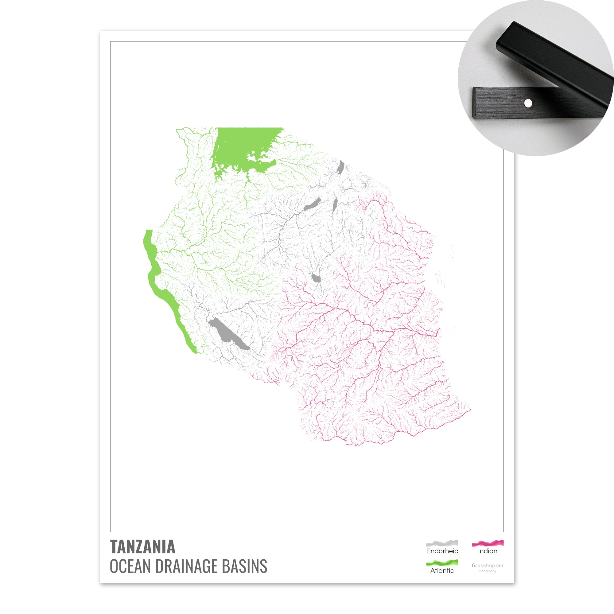 Tanzania - Ocean drainage basin map, white with legend v1 - Fine Art P ...