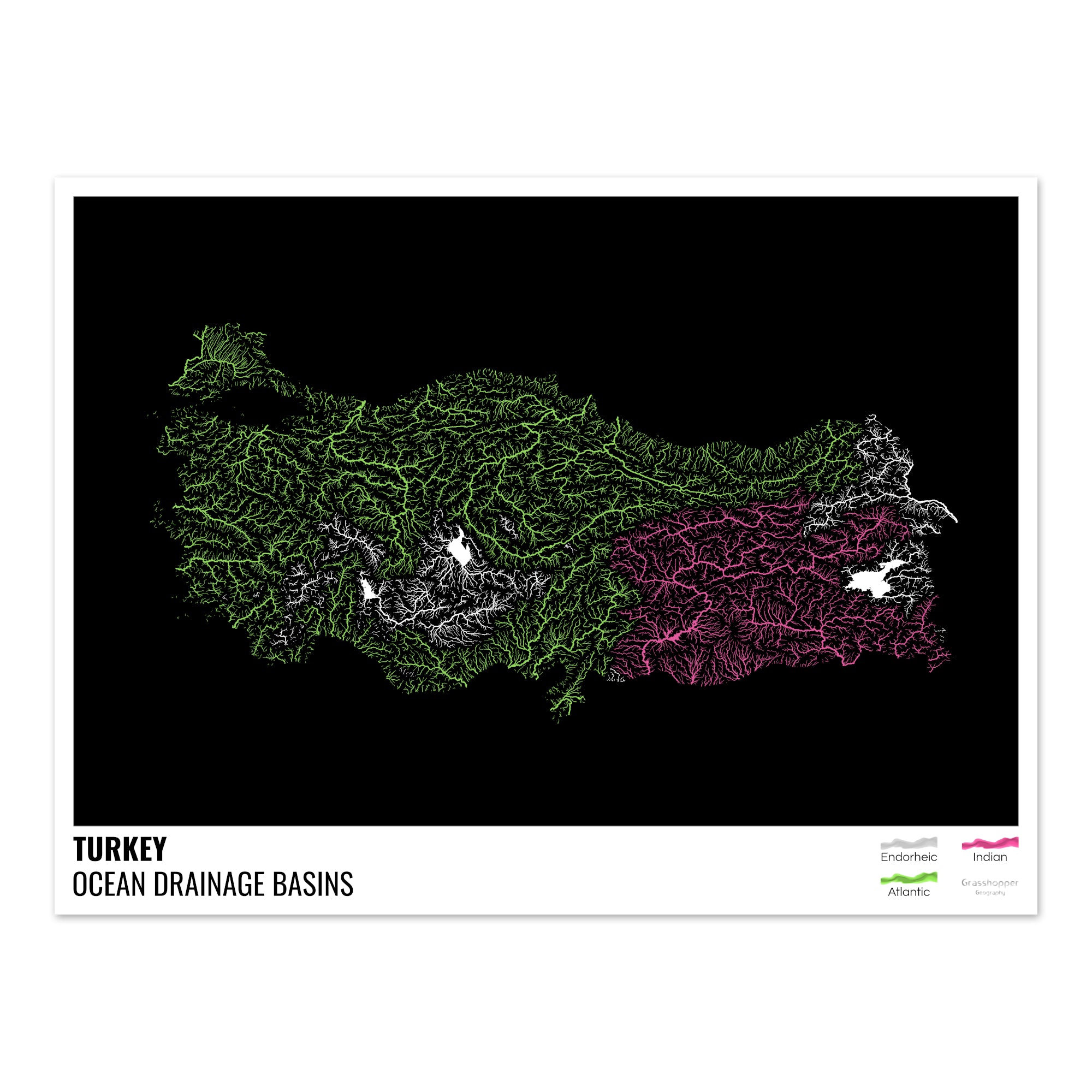 Turkey - Ocean drainage basin map, black with legend v1 - Fine Art Pri ...