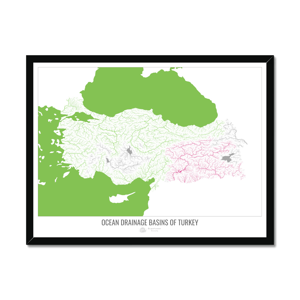 Turkey - Ocean drainage basin map, white v2 - Framed Print ...