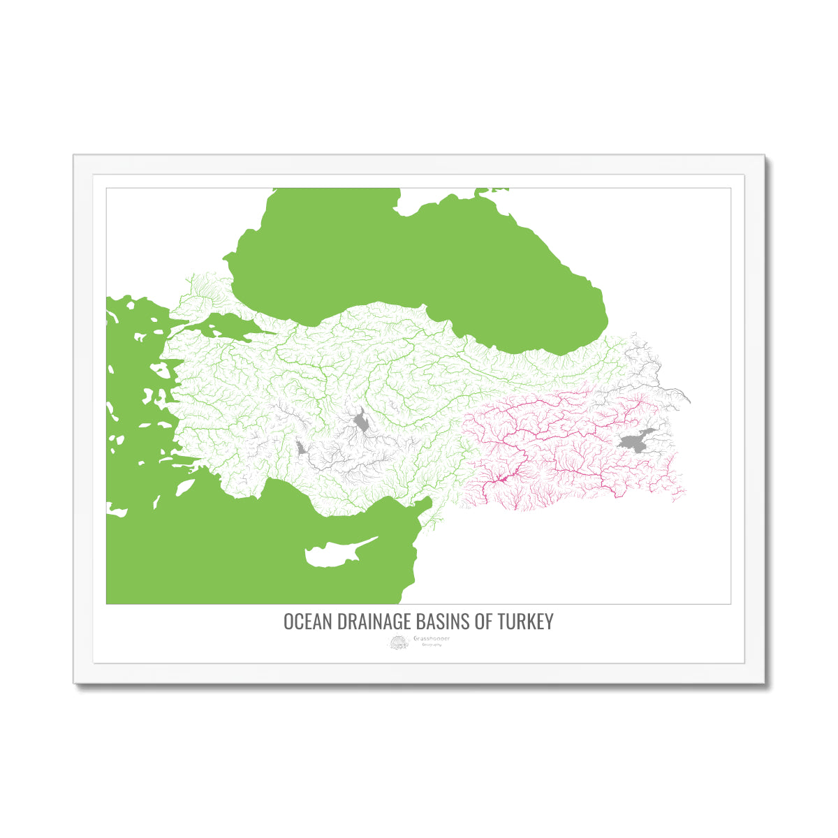 Turkey - Ocean drainage basin map, white v2 - Framed Print ...