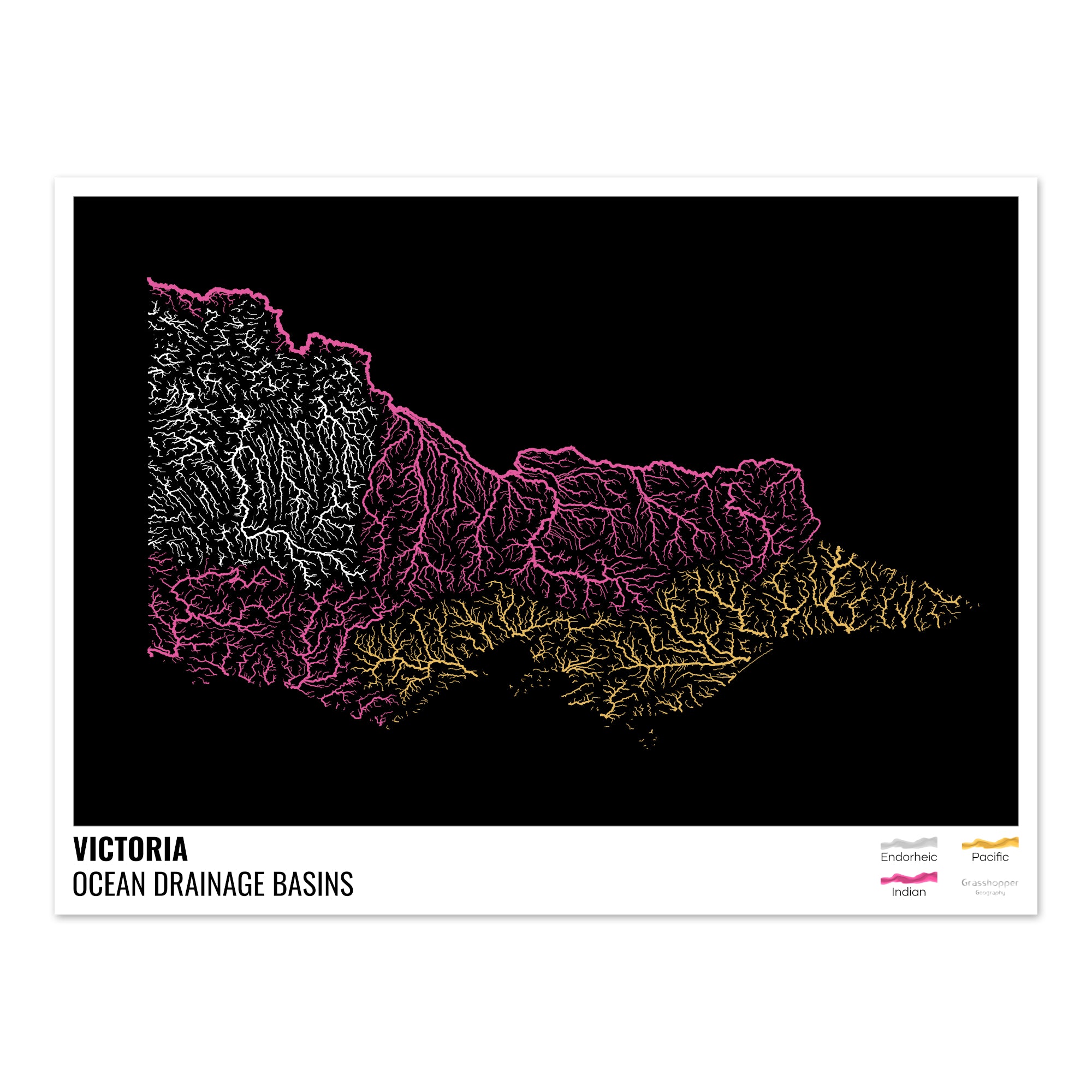 Victoria - Ocean drainage basin map, black with legend v1 - Fine Art P ...