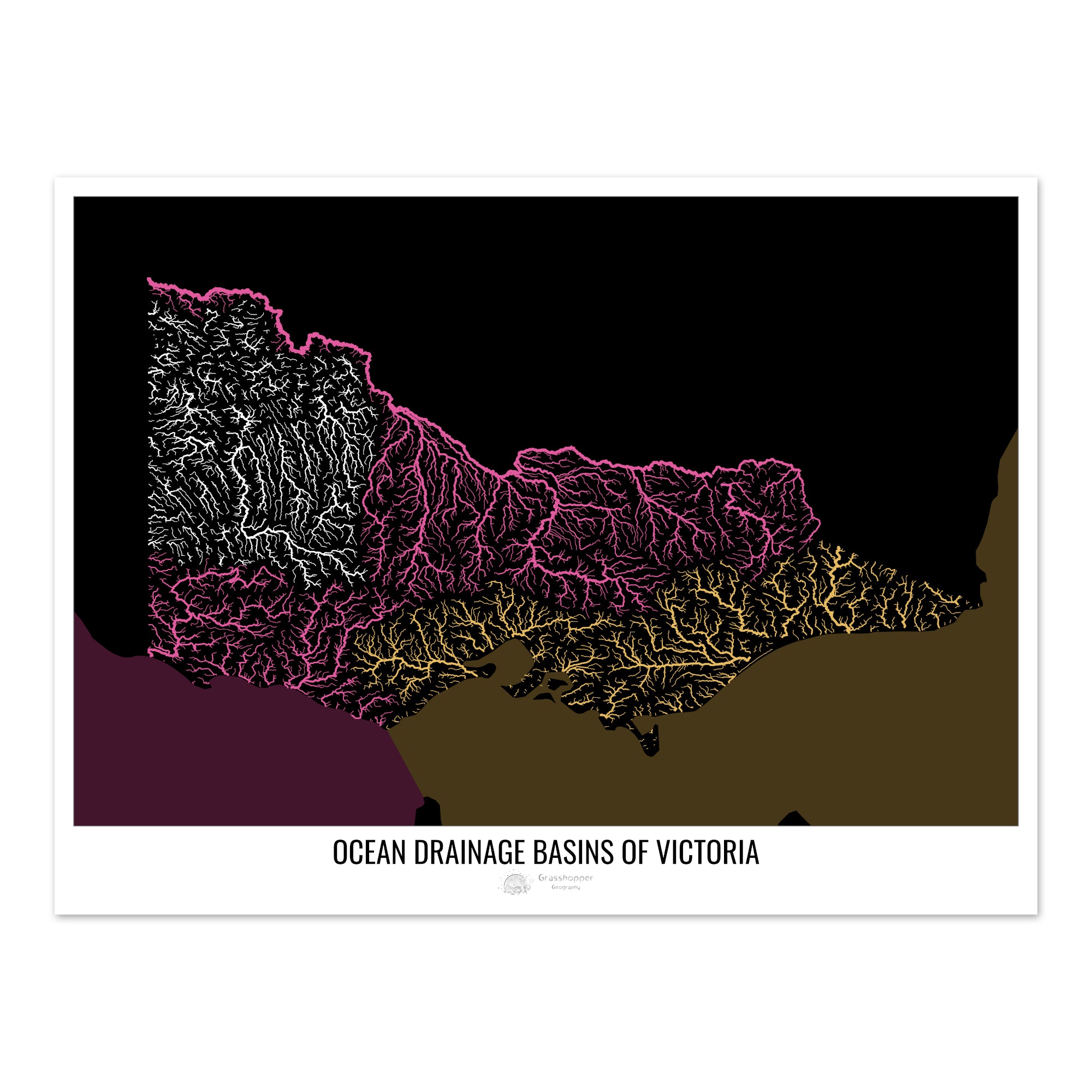 Victoria - Ocean drainage basin map, black v2 - Fine Art Print ...