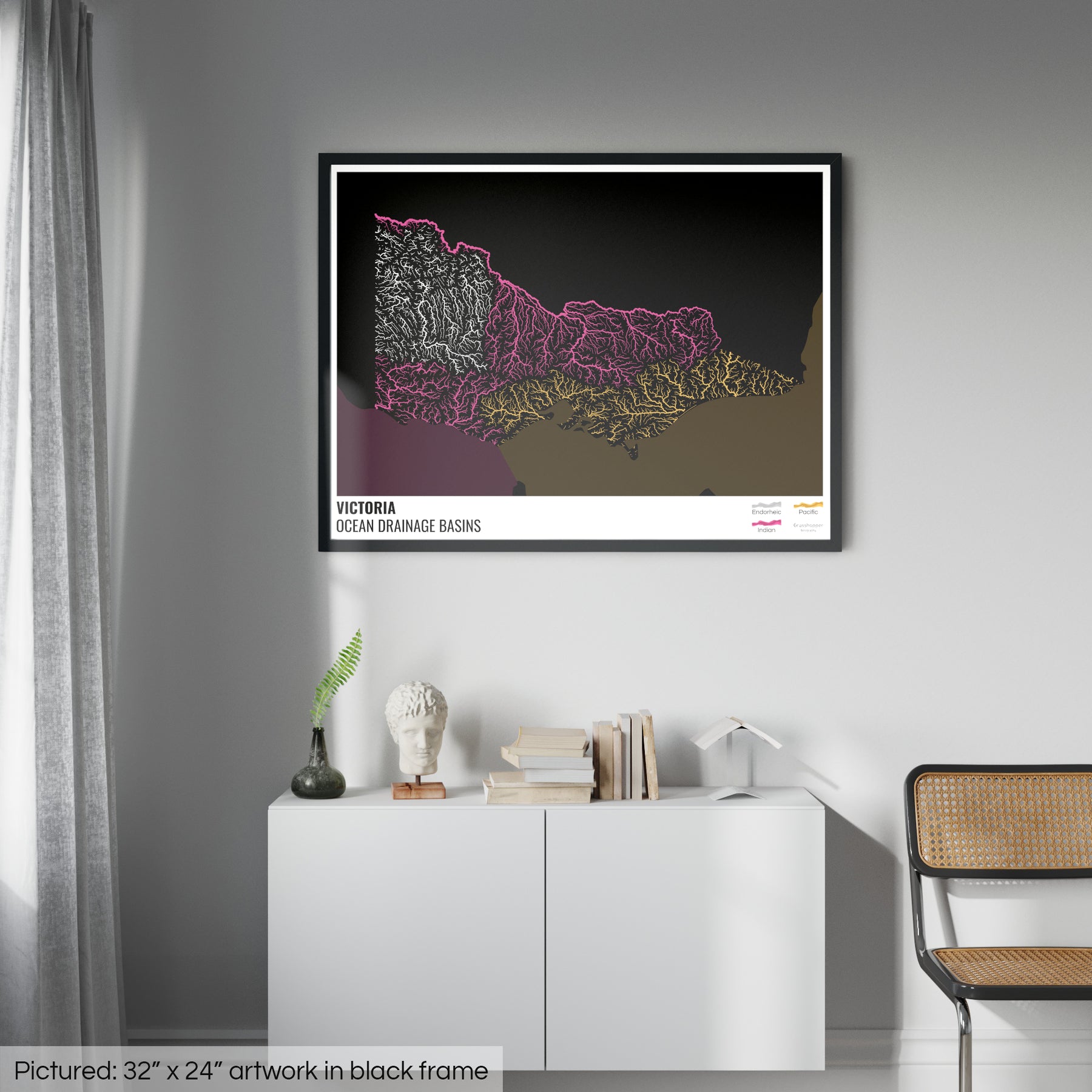 Victoria - Ocean drainage basin map, black with legend v2 - Framed Pri ...