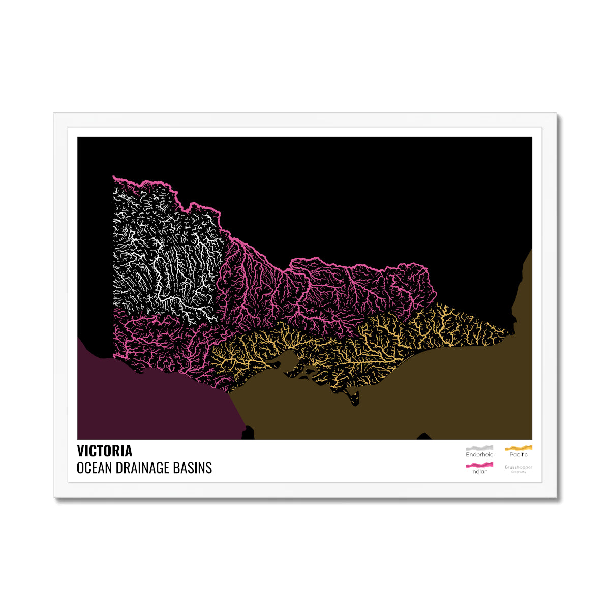 Victoria - Ocean drainage basin map, black with legend v2 - Framed Pri ...