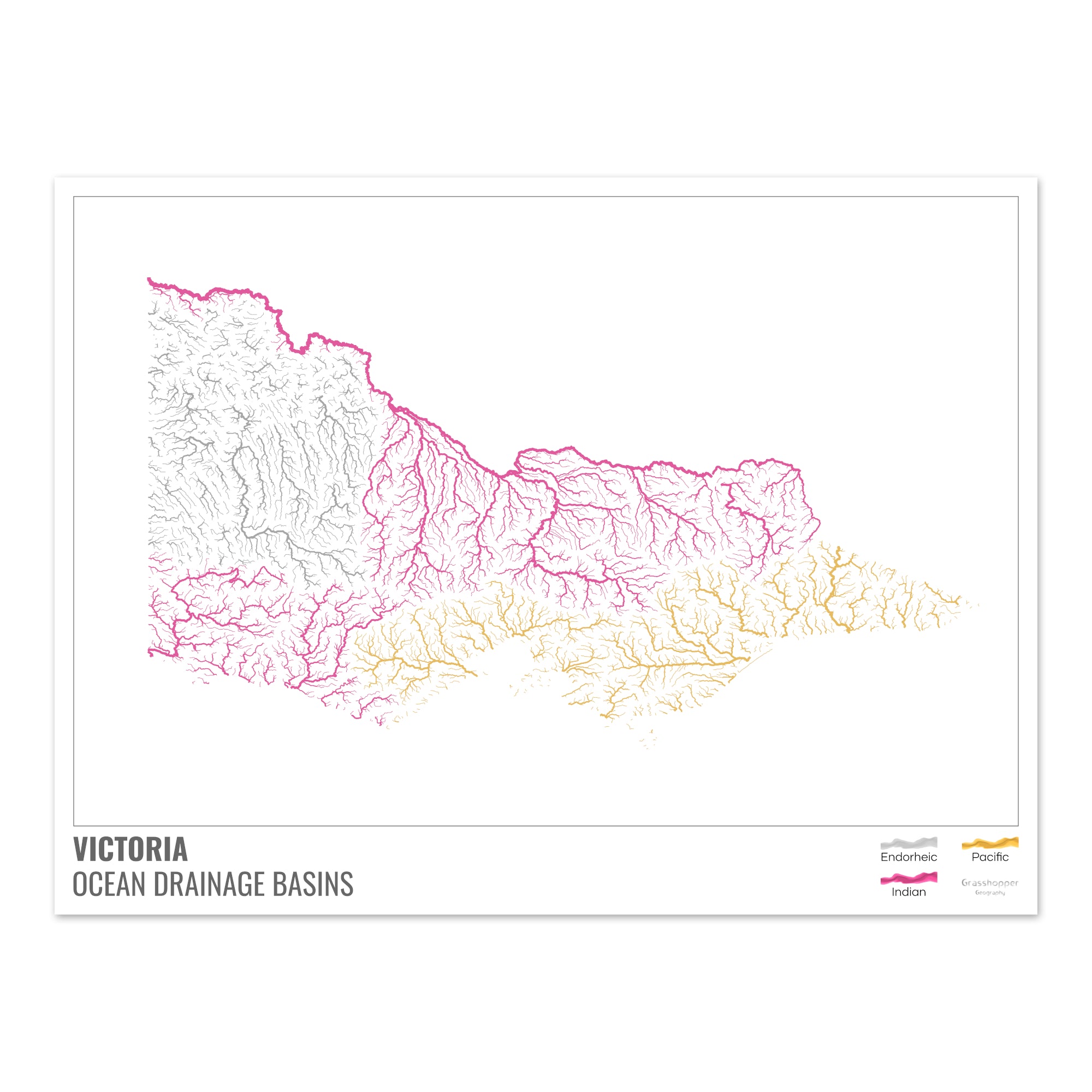 Victoria - Ocean drainage basin map, white with legend v1 - Fine Art P ...