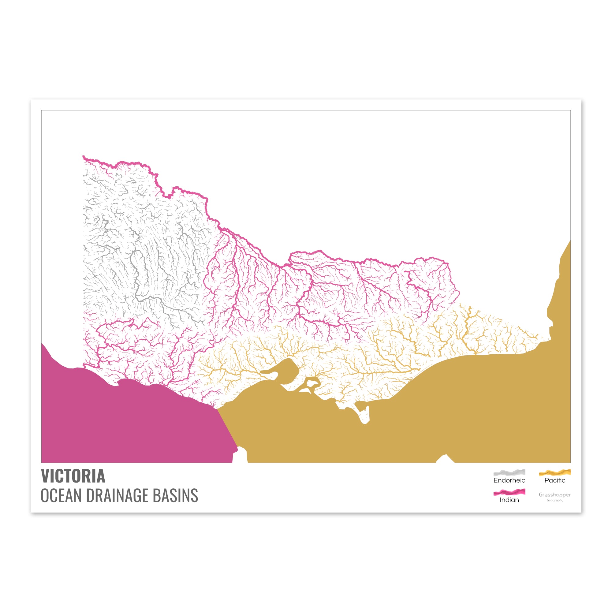 Victoria - Ocean drainage basin map, white with legend v2 - Fine Art P ...