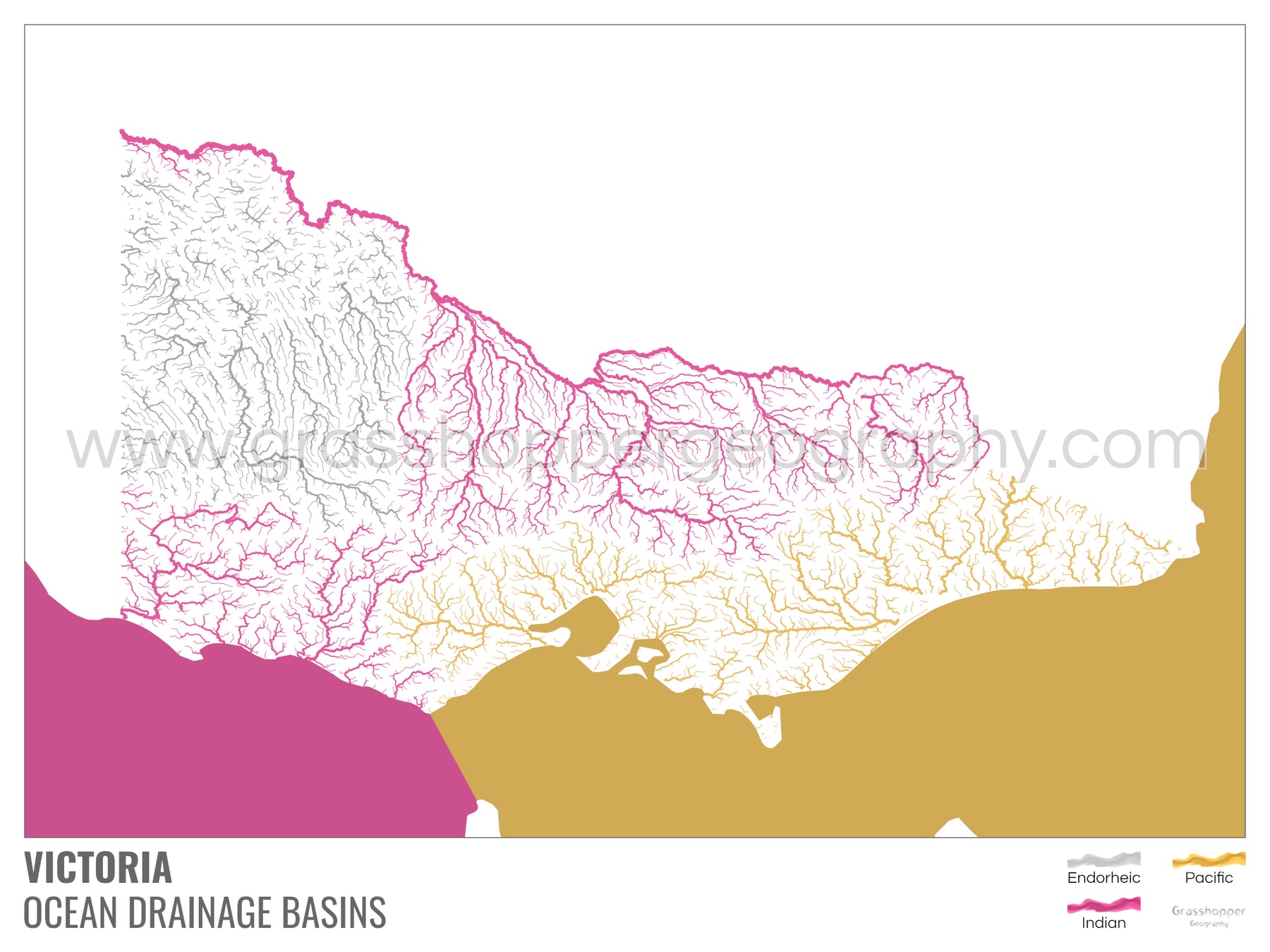 Victoria - Ocean drainage basin map, white with legend v2 - Fine Art P ...