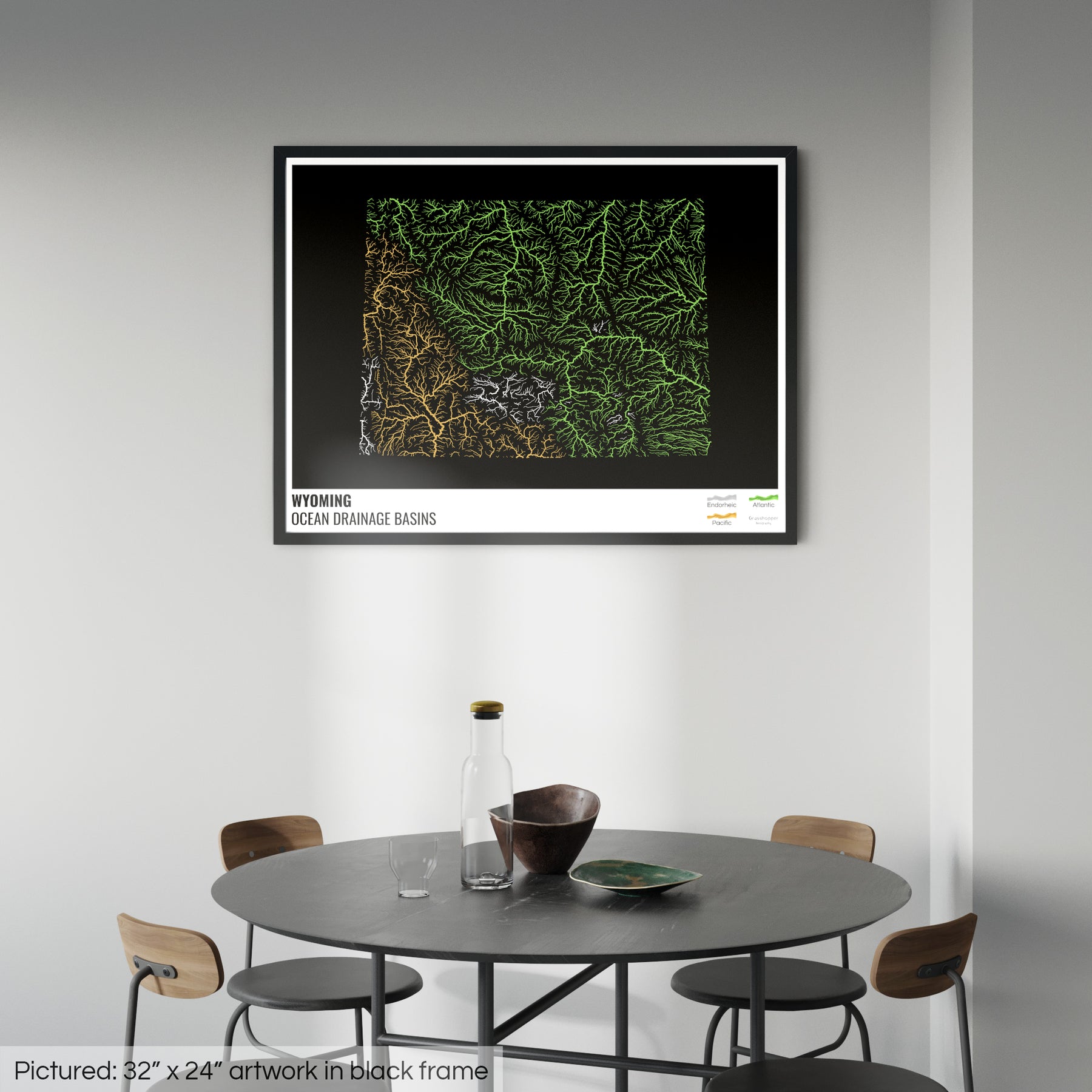 Wyoming - Ocean drainage basin map, black with legend v1 - Framed Prin ...